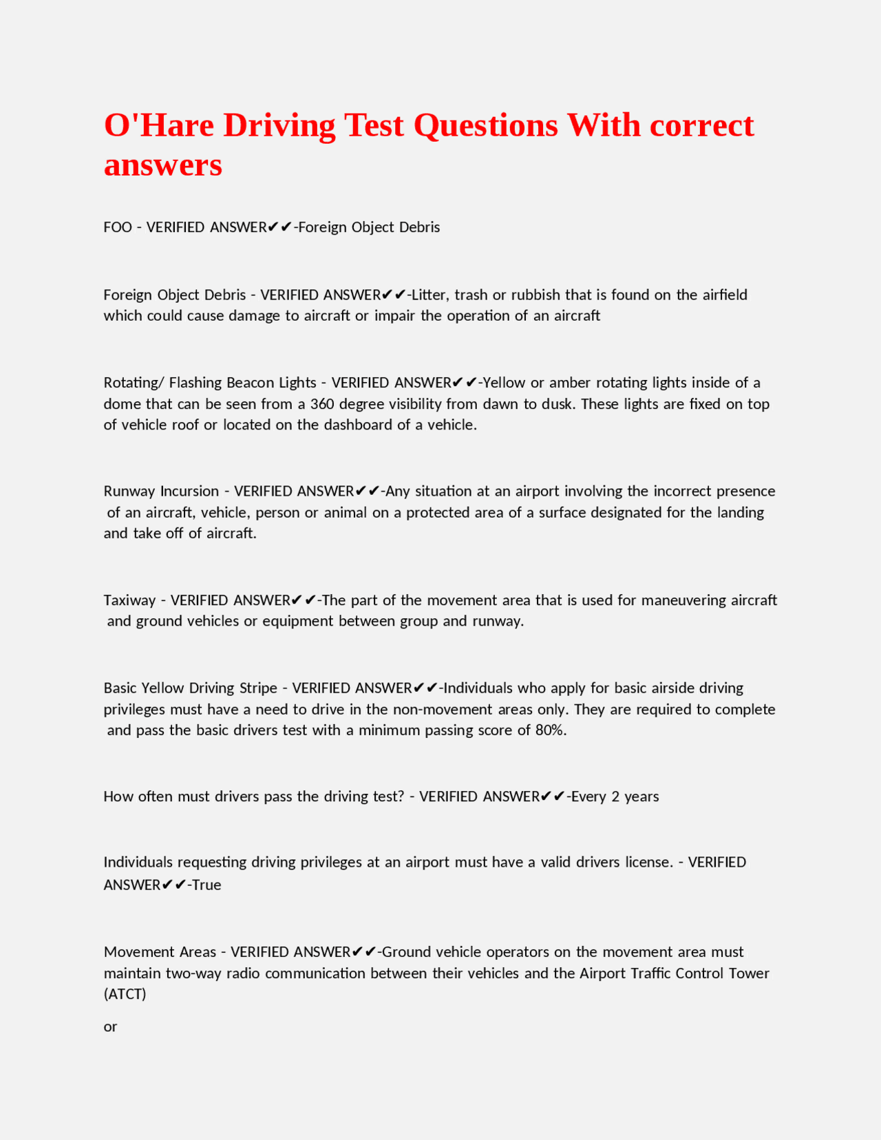 O'Hare Driving Test Questions With correct answers. | Exams European ...