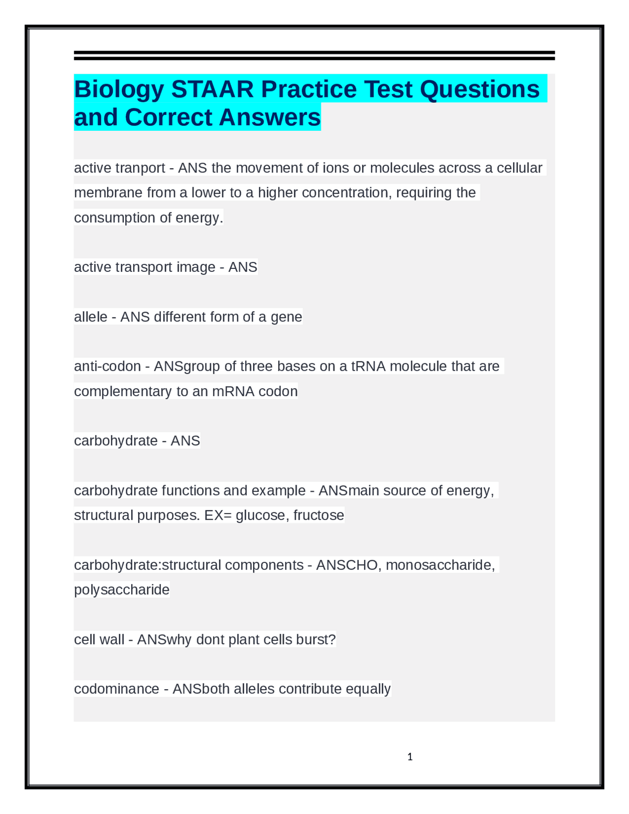 Biology STAAR Practice Test Questions and Correct Answers | Exams ...