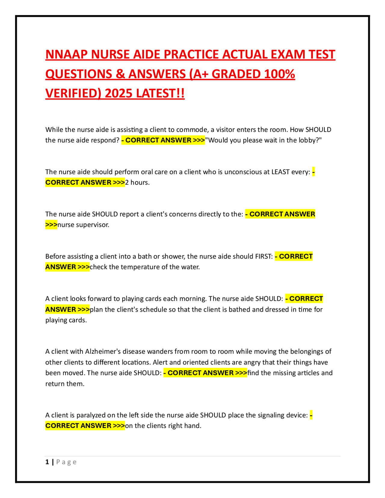 NNAAP NURSE AIDE PRACTICE ACTUAL EXAM TEST QUESTIONS & ANSWERS (A+ ...