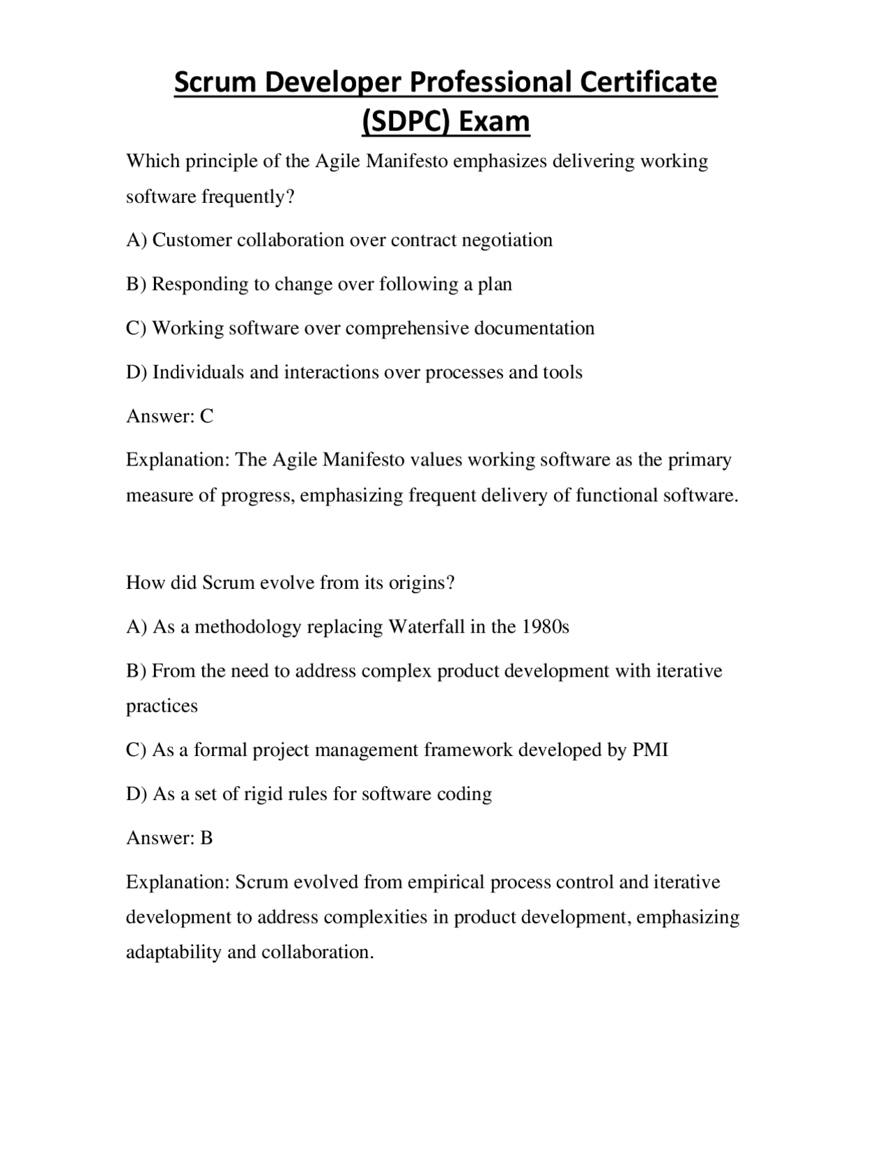 Scrum Developer Professional Certificate (SDPC) Exam | Exams Technology | Docsity