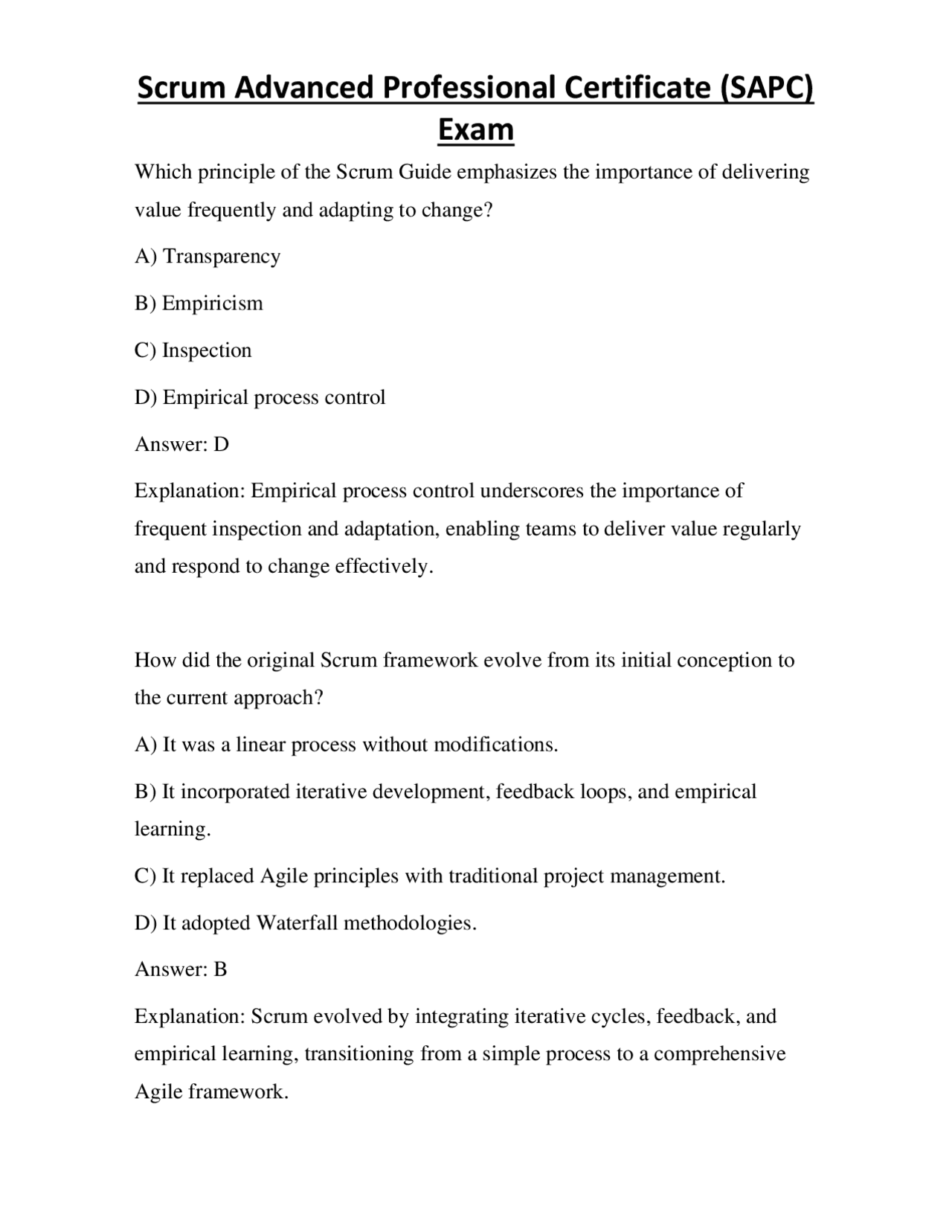 Scrum Advanced Professional Certificate (SAPC) Exam | Exams Technology | Docsity