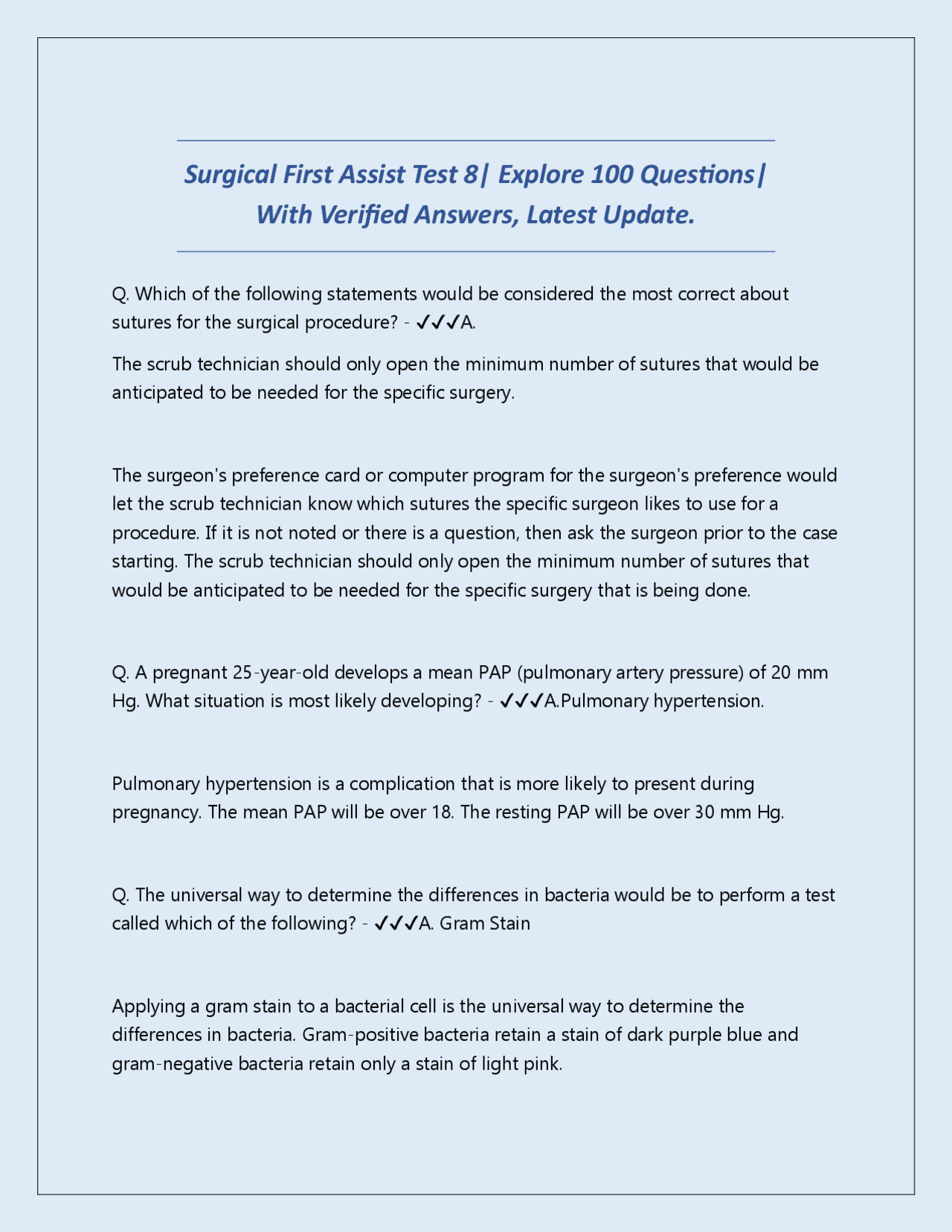 Surgical First Assist Test 8| Explore 100 Questions| With Verified ...