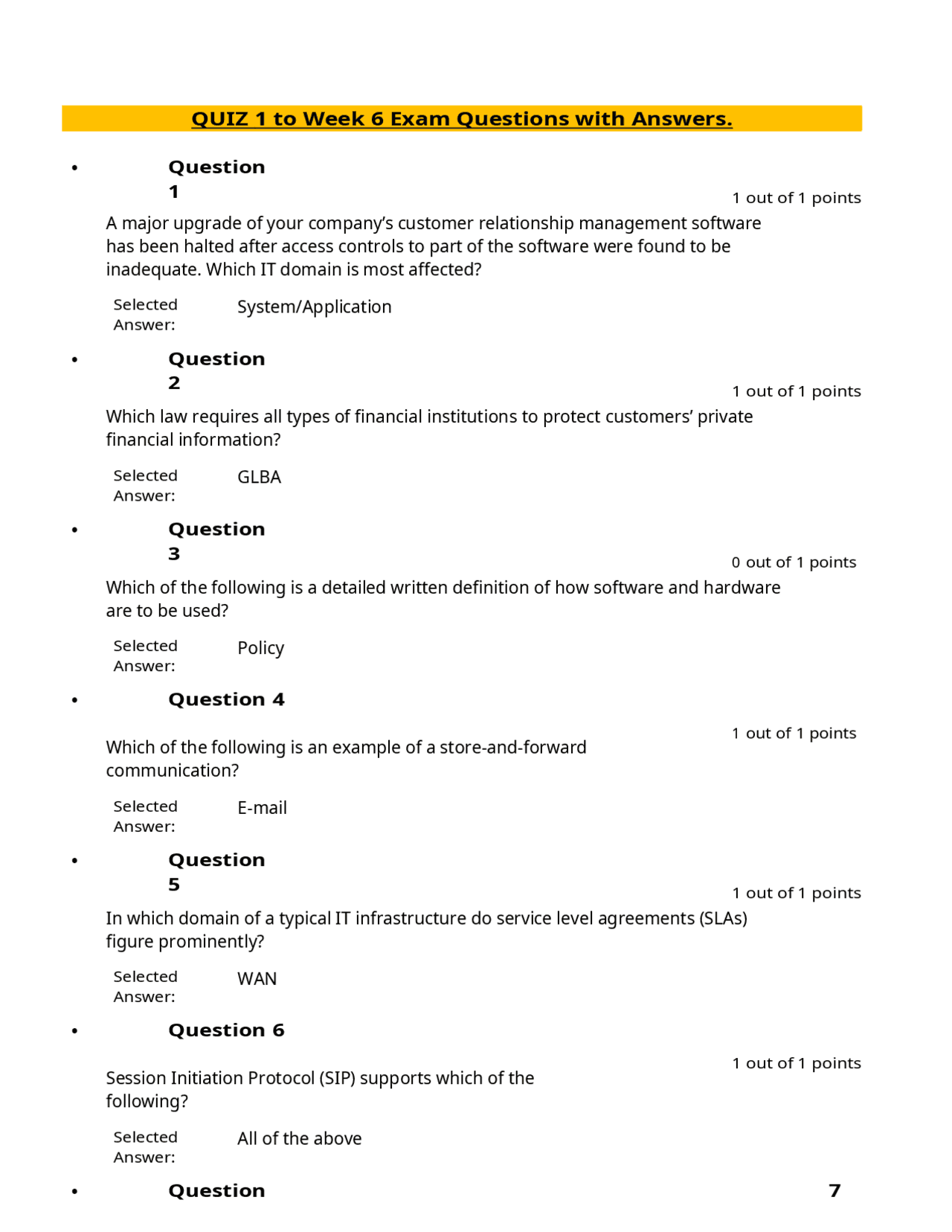 QUIZ 1 to Week 6 Exam Questions with Answers. | Exams Nursing | Docsity