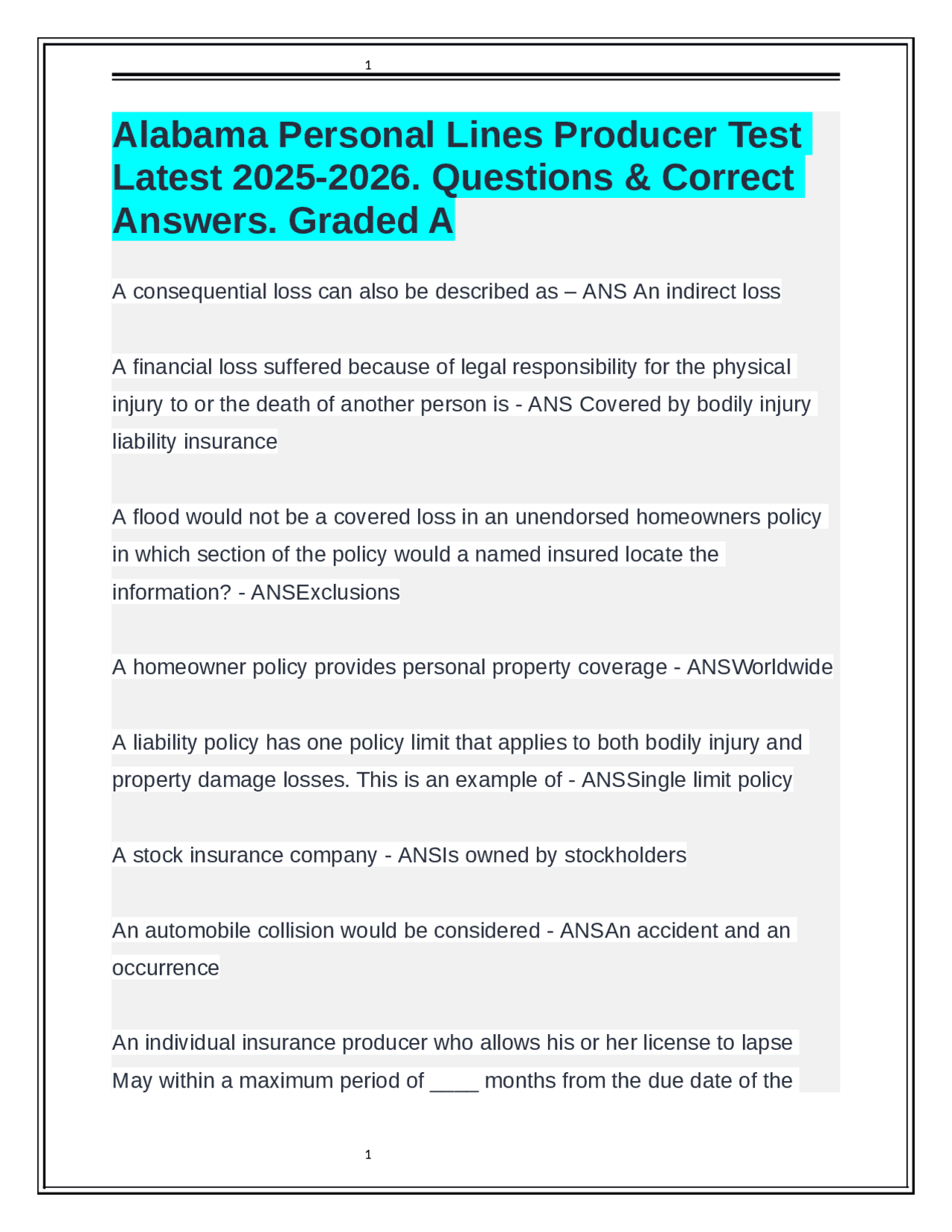 Alabama Personal Lines Producer Test Latest 2025-2026. Questions ...