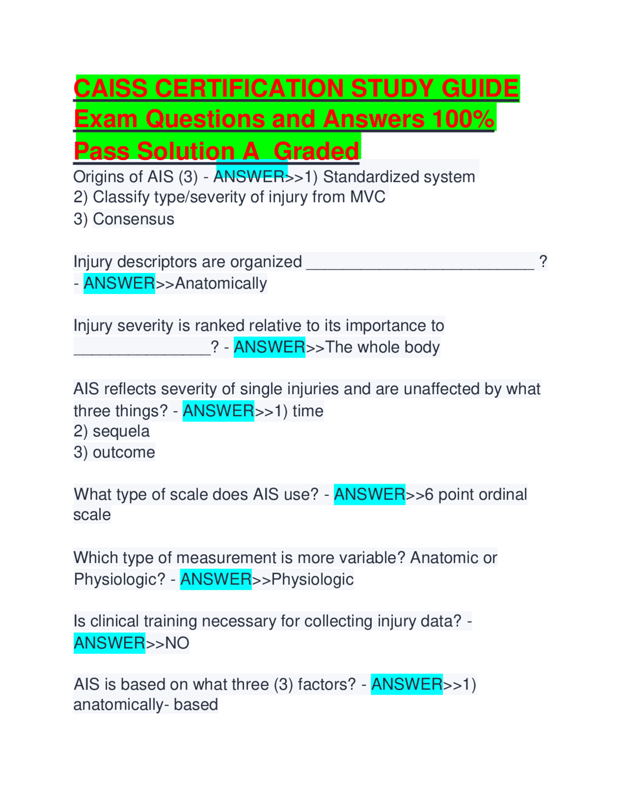CAISS CERTIFICATION STUDY GUIDE Exam Questions and Answers | Exams ...