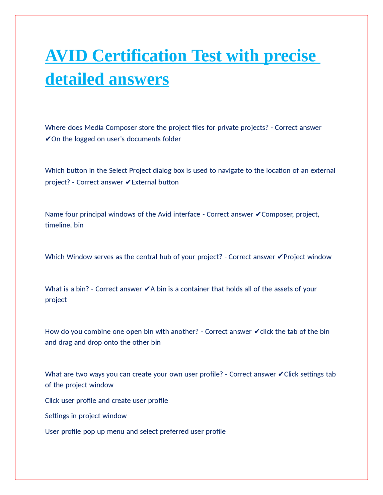 Avid Certification Test: Questions and Answers | Exams Nursing | Docsity