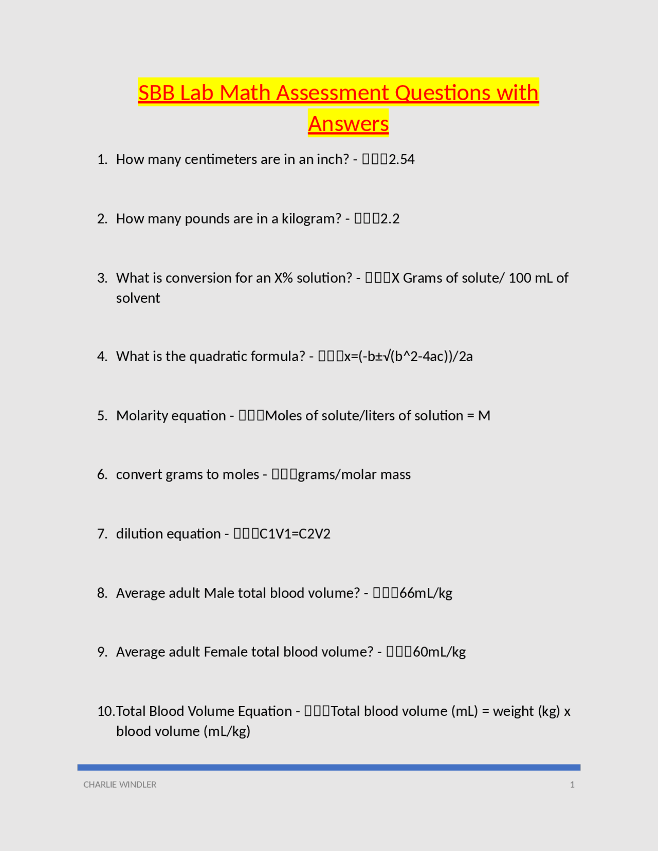 SBB Lab Math Assessment Questions with Answers | Exams Nursing | Docsity
