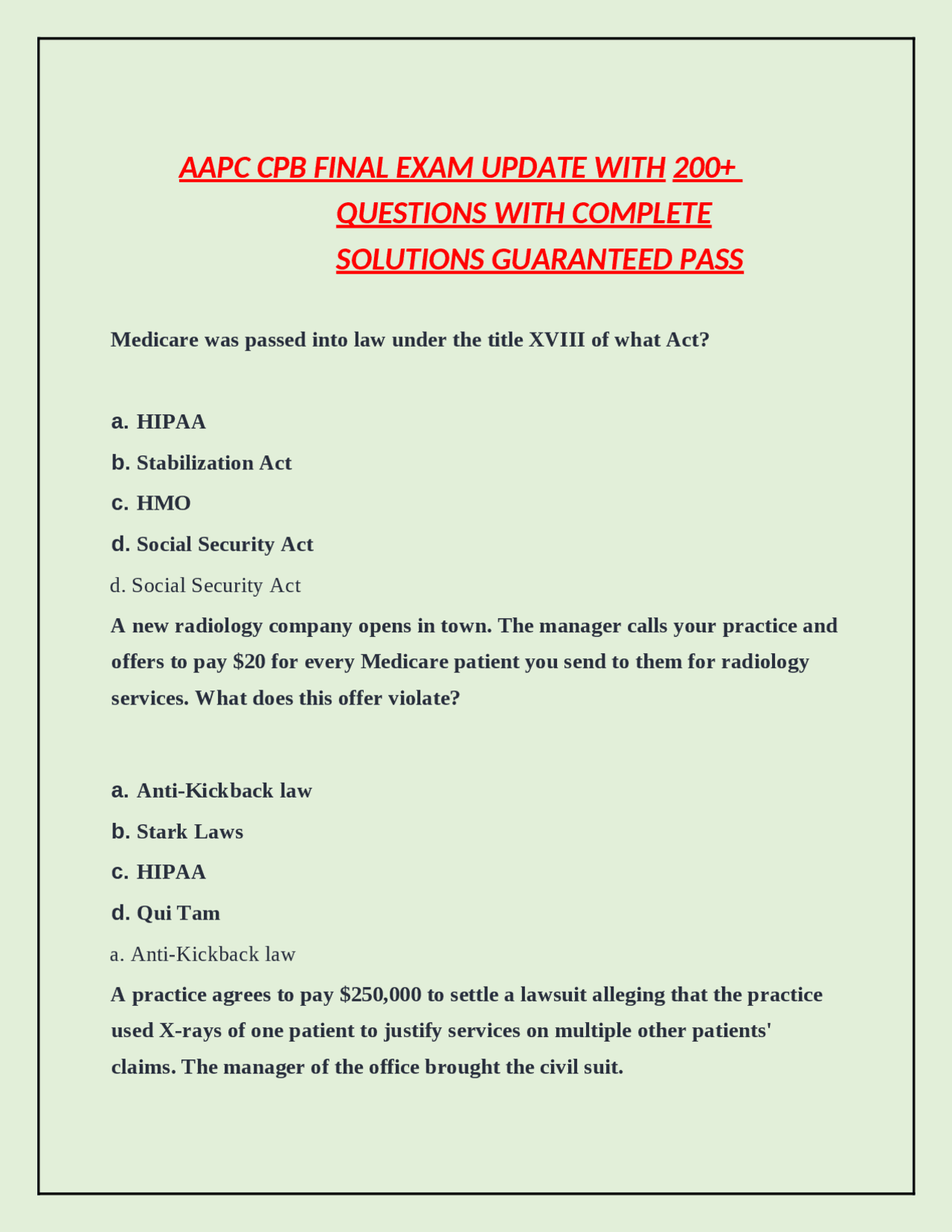 AAPC CPB FINAL EXAM UPDATE WITH 200+ QUESTIONS WITH COMPLETE SOLUTIONS ...