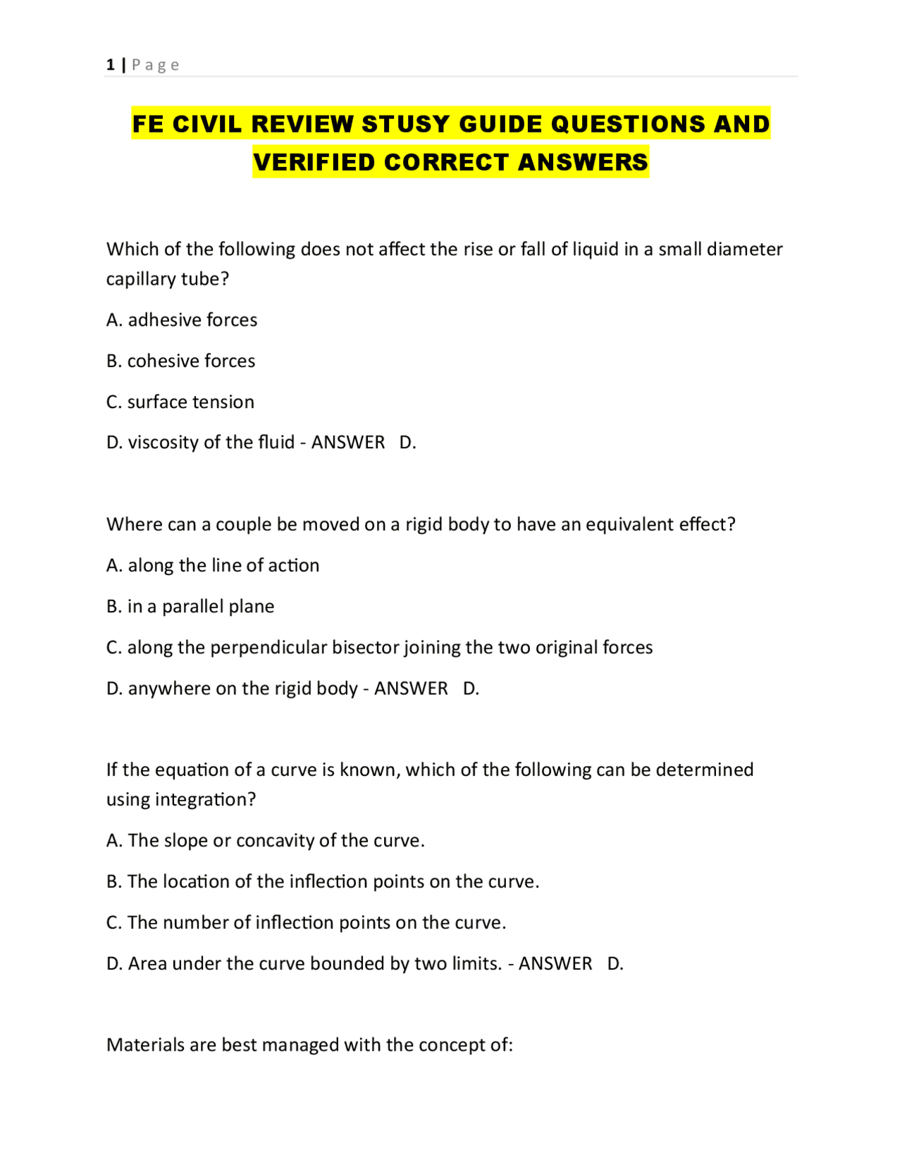 FE CIVIL REVIEW STUSY GUIDE QUESTIONS AND VERIFIED CORRECT ANSWERS ...