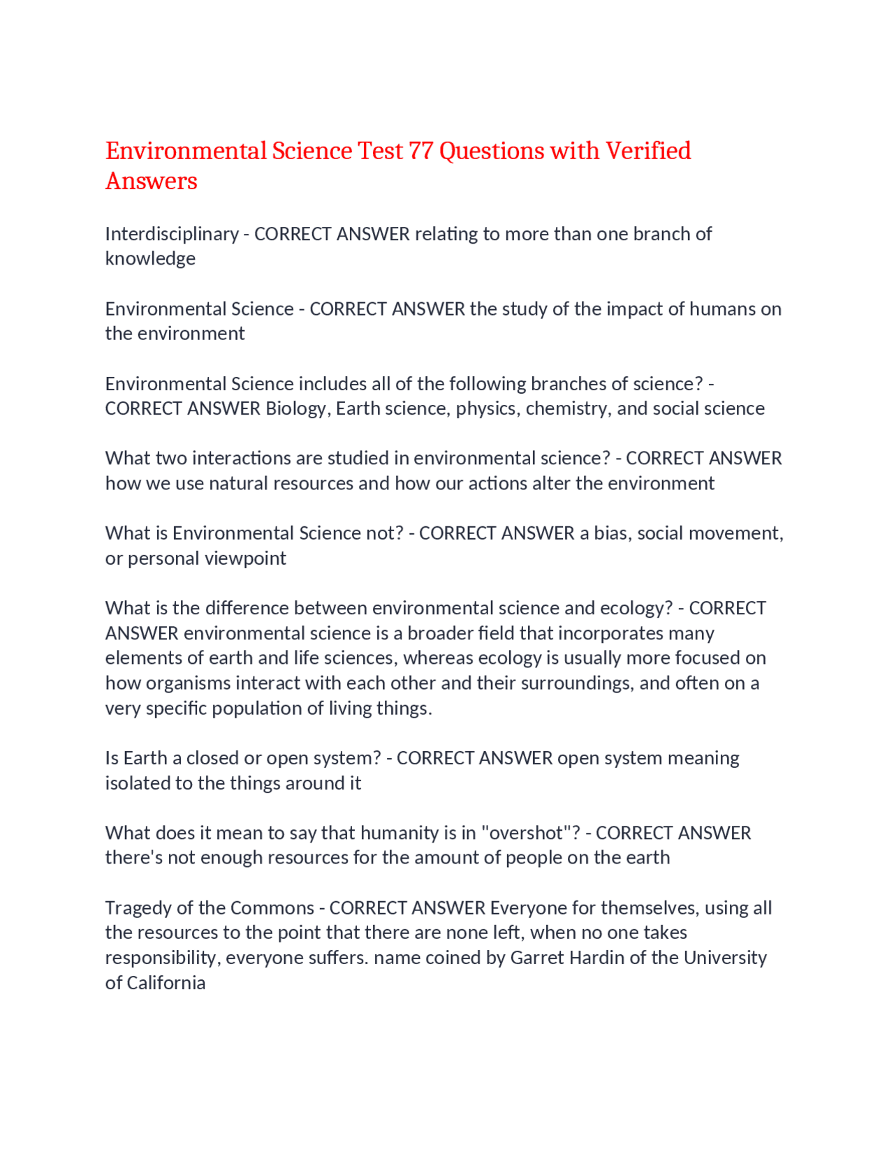 Environmental Science Test 77 Questions with Verified Answers,100 ...