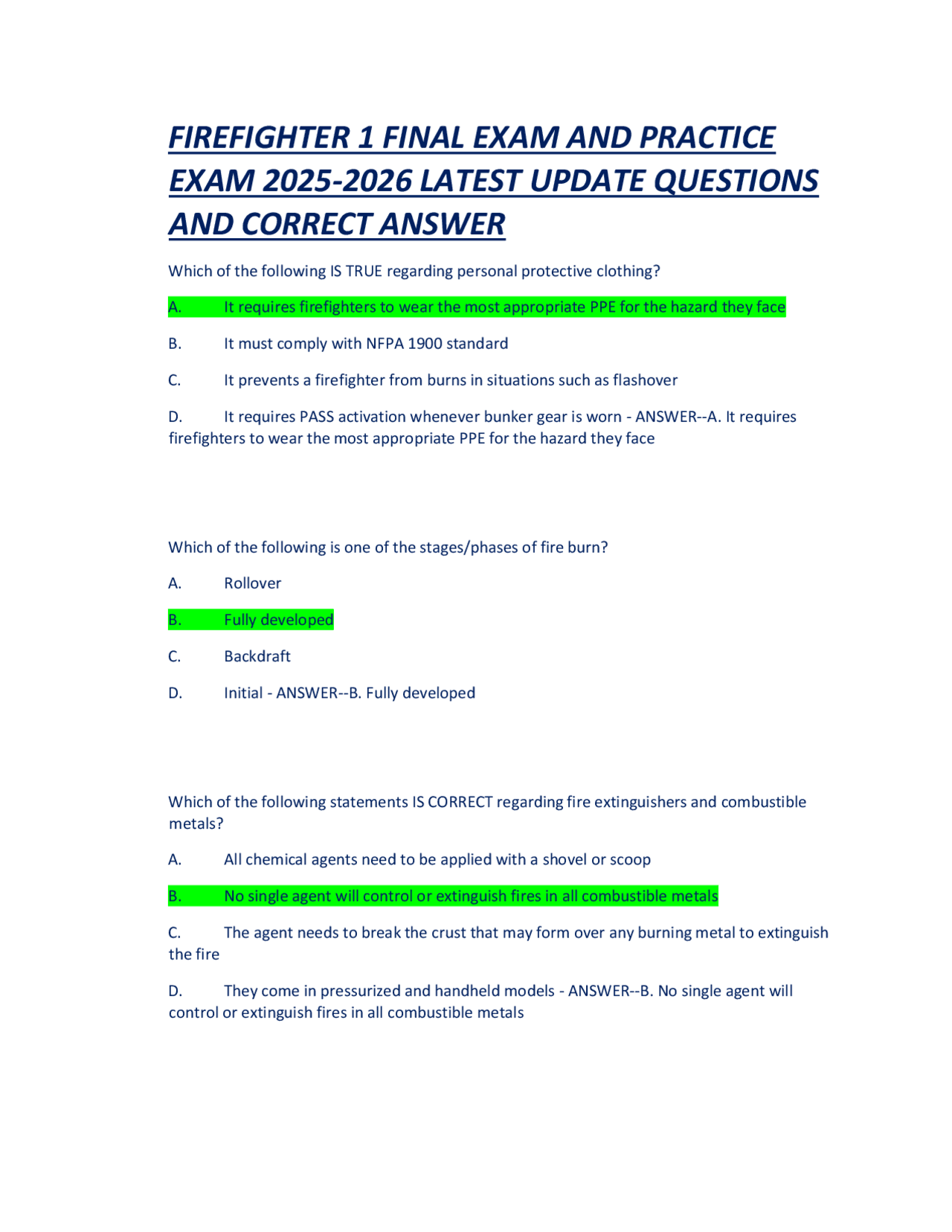 Firefighter I Final Exam and Practice Exam 2025–2026 – Latest Updated ...