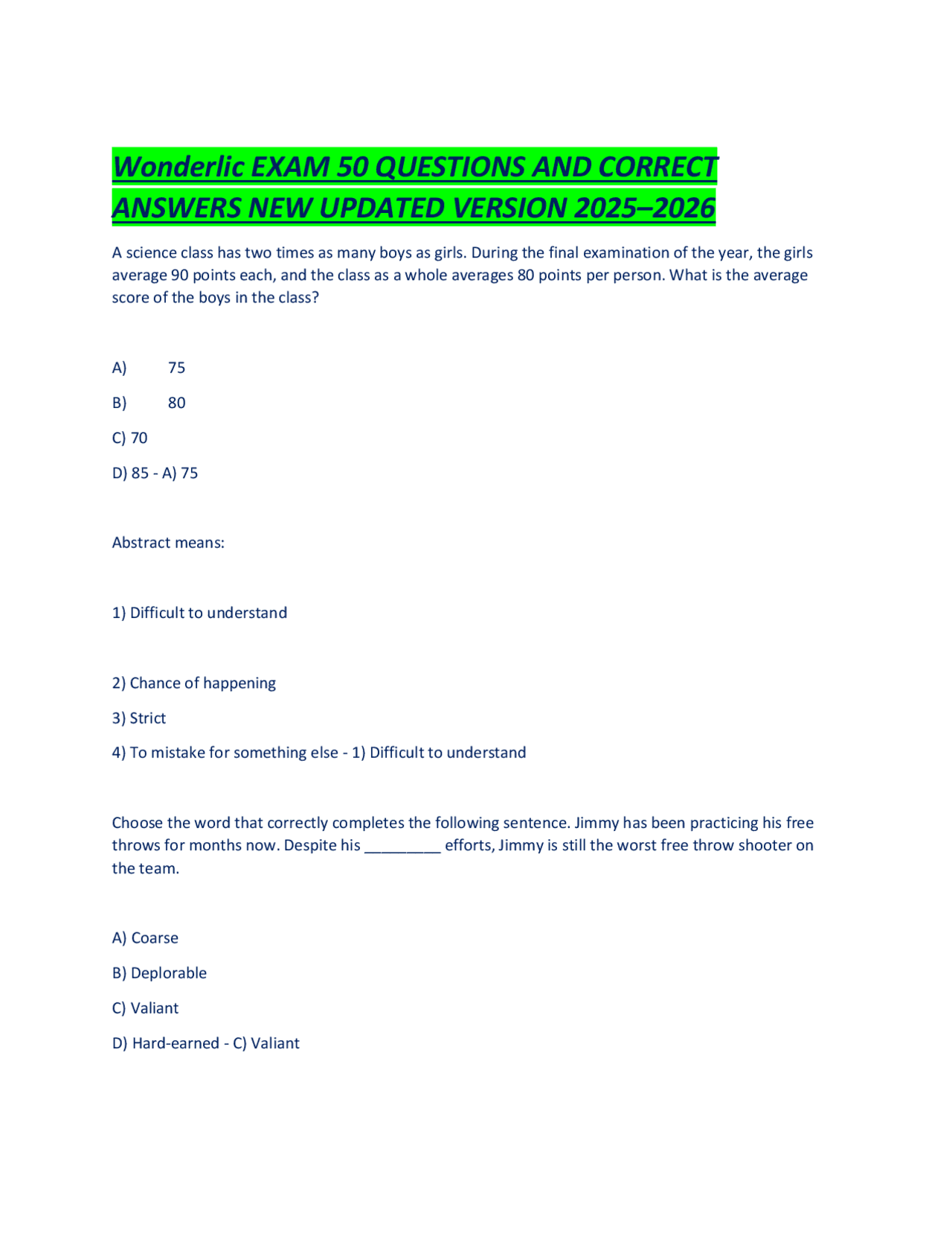 Wonderlic EXAM 50 QUESTIONS AND CORRECT ANSWERS NEW UPDATED VERSION ...