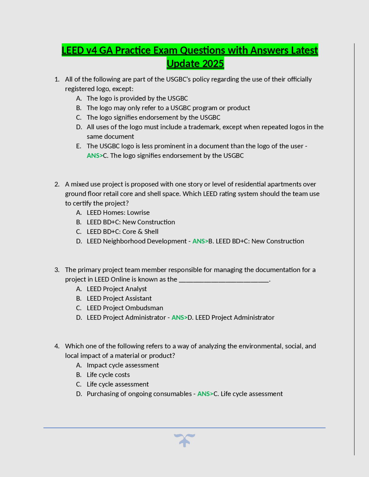 LEED v4 GA Practice Exam Questions with Answers Latest Update 2025 ...