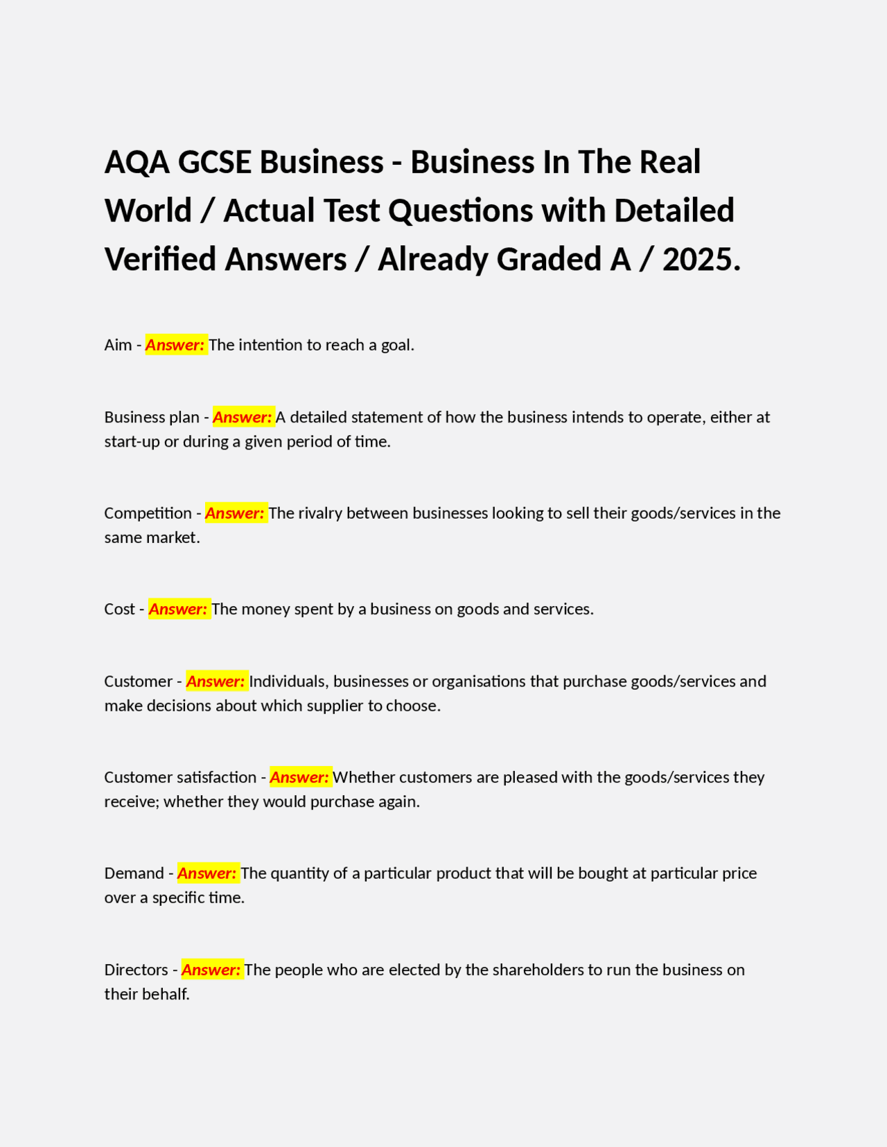 AQA GCSE Business - Business In The Real World / Actual Test Questions ...