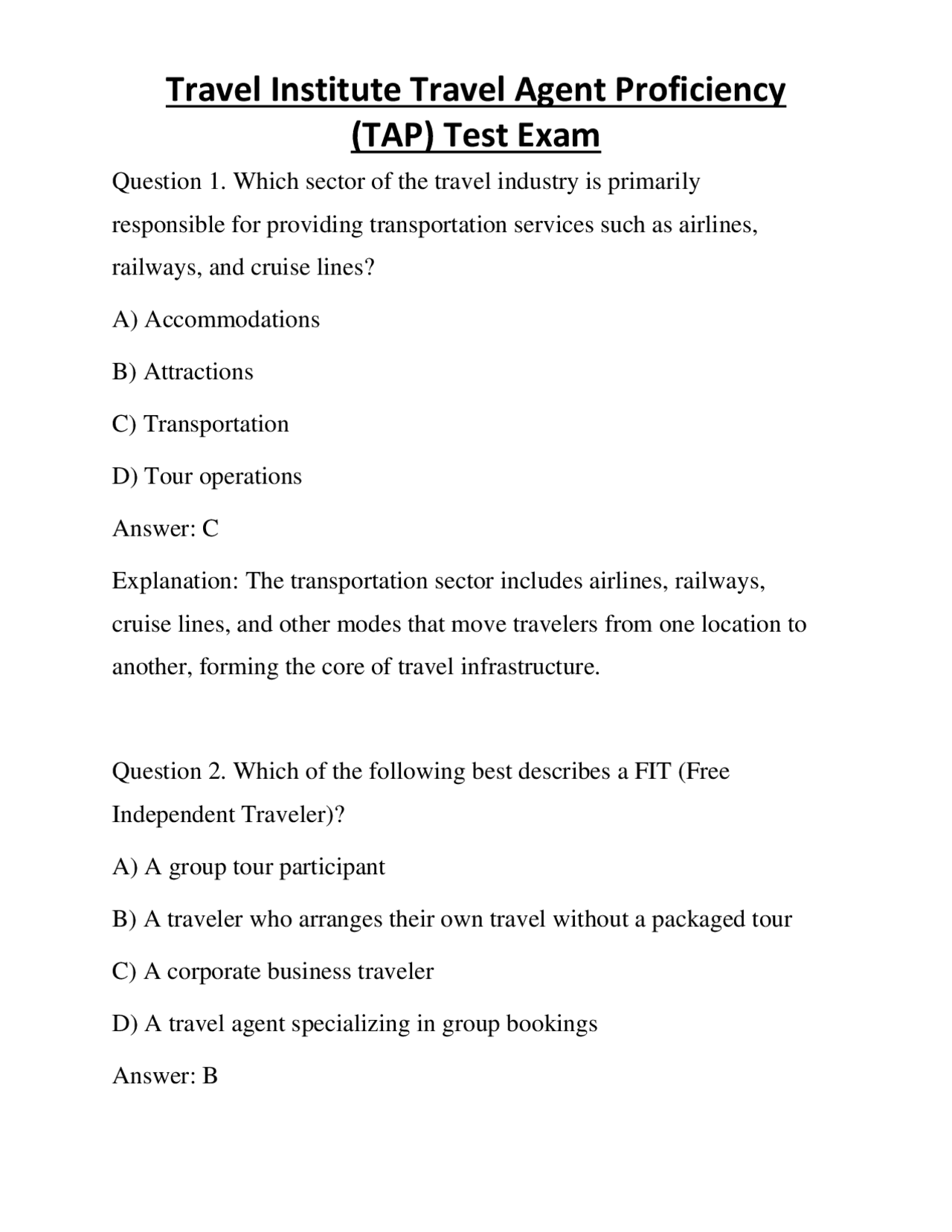 Travel Institute Travel Agent Proficiency (TAP) Test Exam | Exams ...
