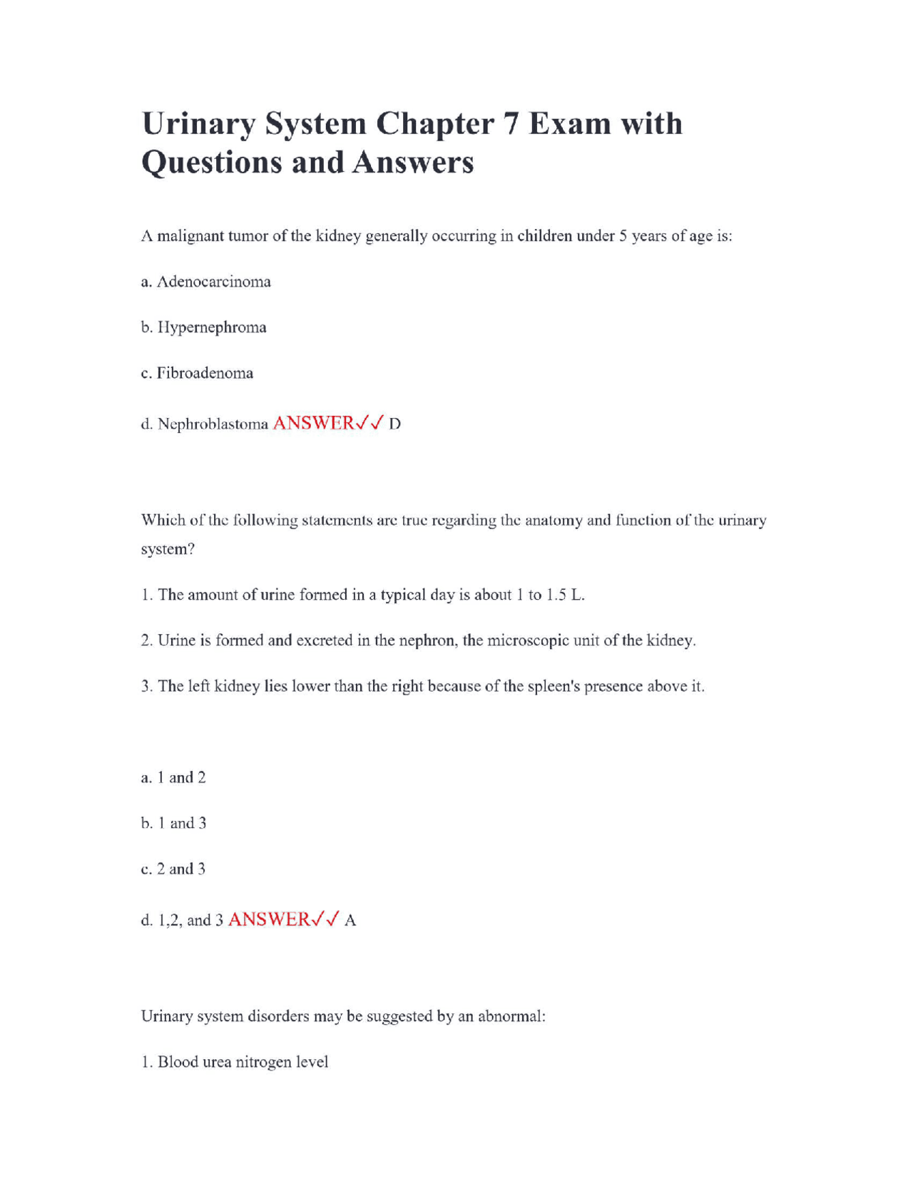 Urinary System Chapter 7 Exam with Questions and Answers | Exams ...