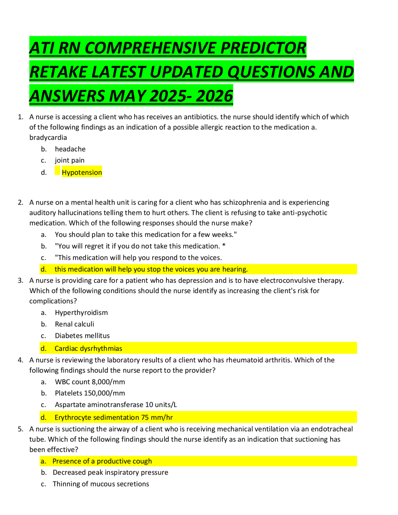 ATI RN COMPREHENSIVE PREDICTOR RETAKE LATEST UPDATED QUESTIONS AND ...