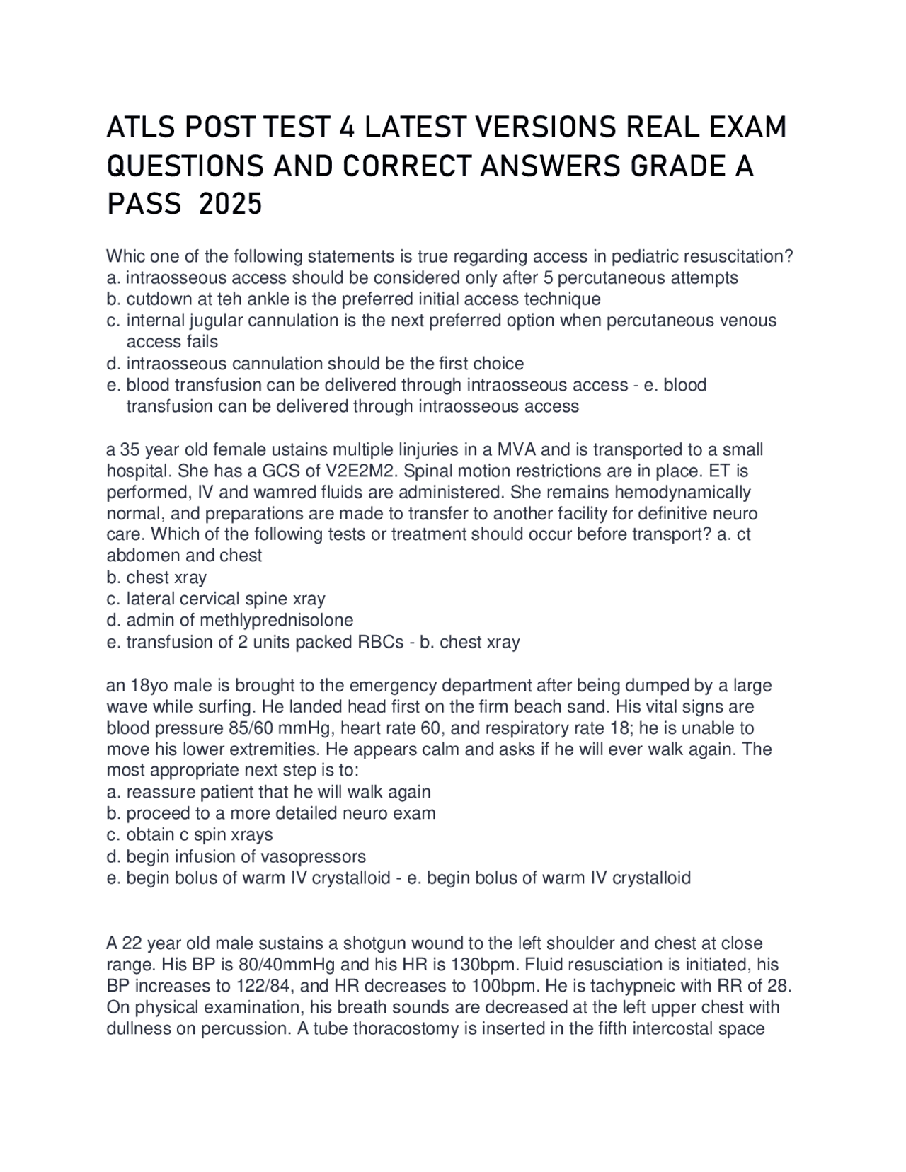 ATLS POST TEST 4 LATEST VERSIONS REAL EXAM QUESTIONS AND CORRECT ...