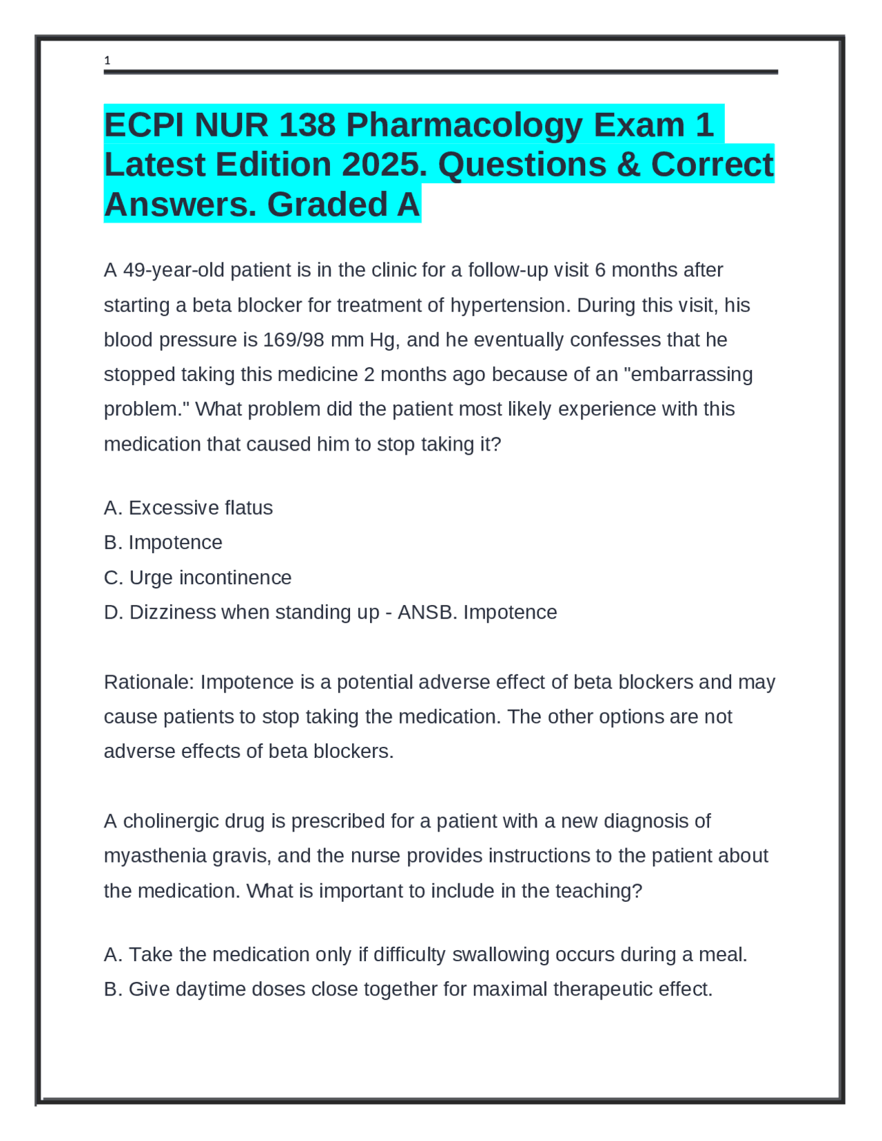 ECPI NUR 138 Pharmacology Exam 1 Latest Edition 2025. Questions ...