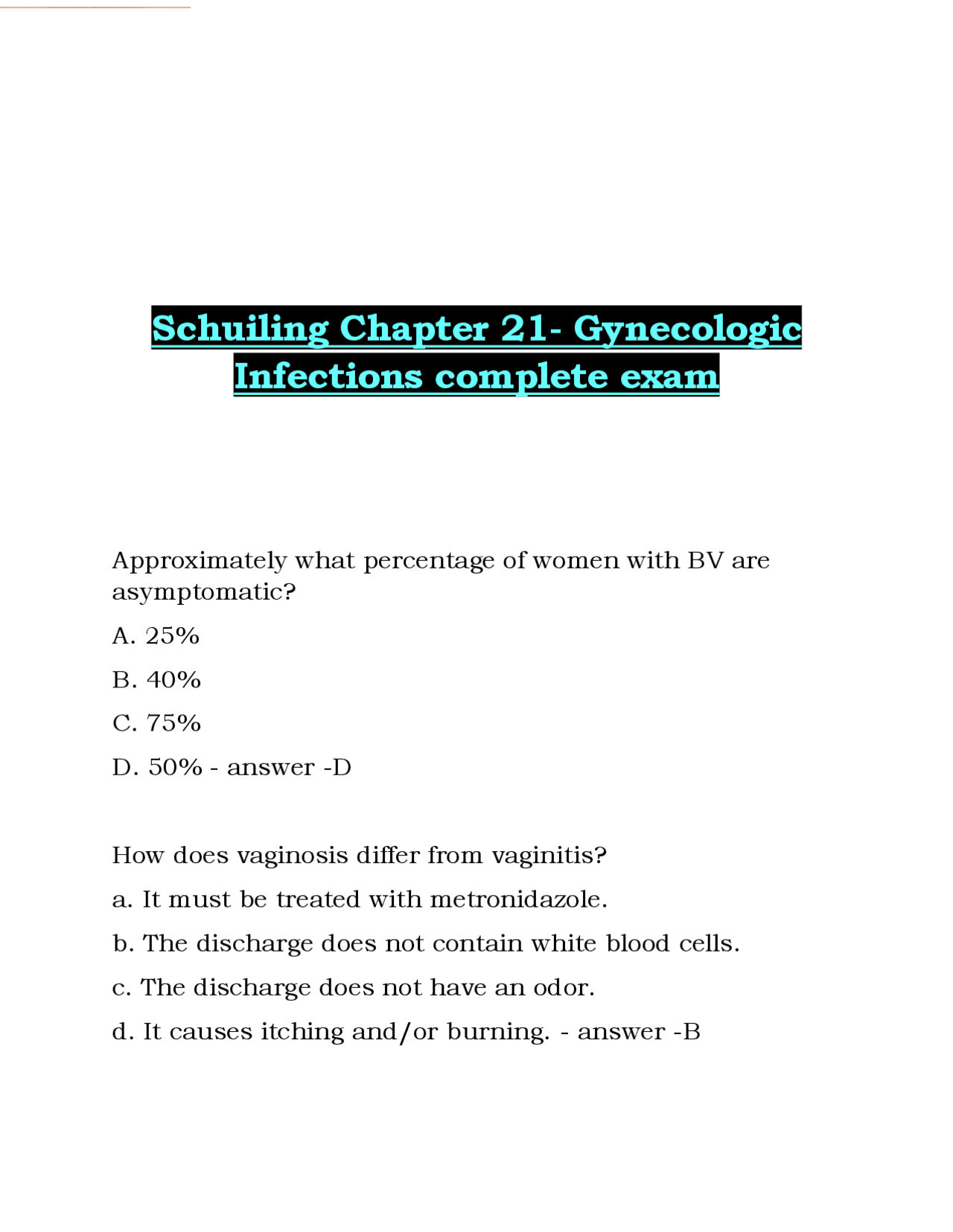 Schuiling Chapter 21- Gynecologic Infections complete exam.pdf | Exams ...