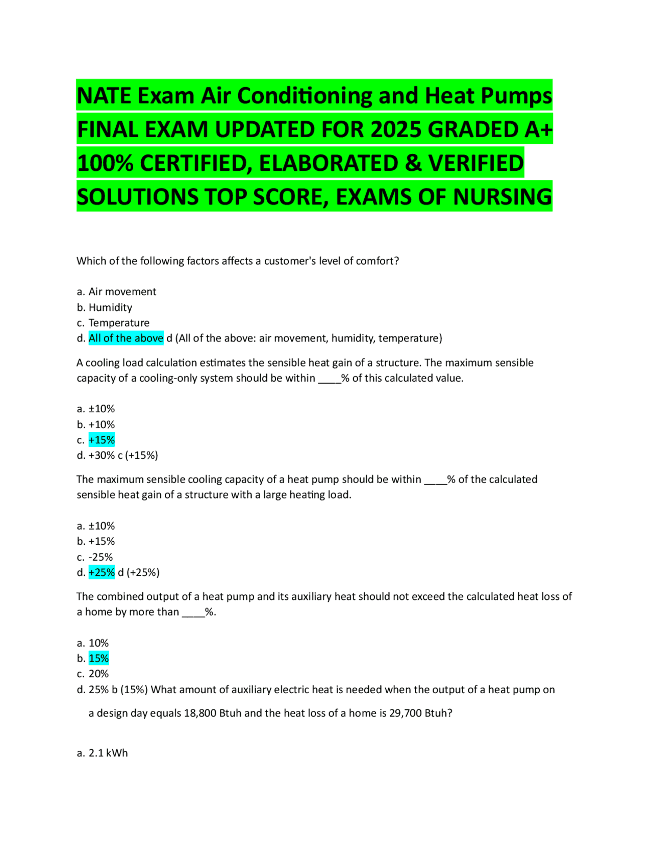 NATE Exam Air Conditioning and Heat Pumps FINAL EXAM UPDATED FOR 2025 ...