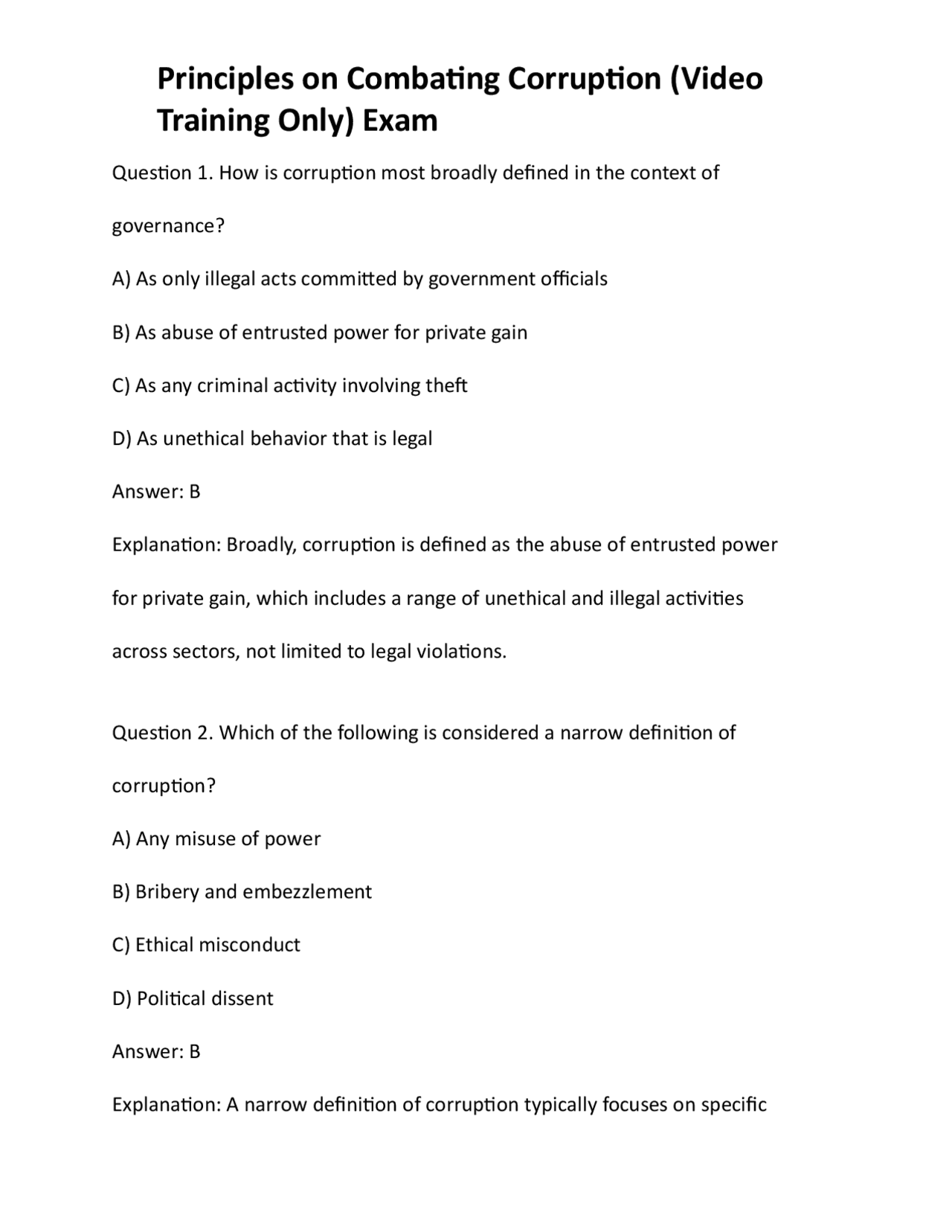 Principles on Combating Corruption (Video Training Only) Exam | Exams Technology | Docsity
