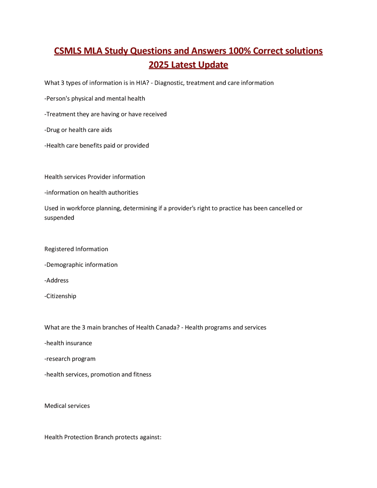 CSMLS MLA Study Questions and Answers 100% Correct solutions 2025 ...