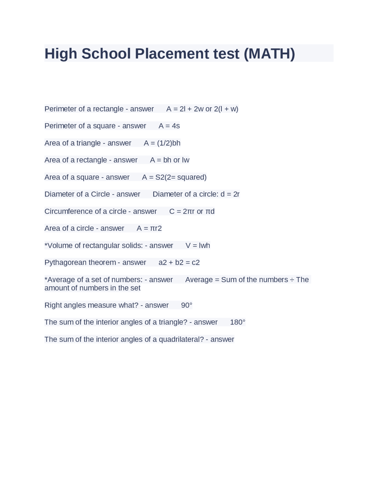 High School Placement test (MATH) Questions and Answers Fully Solved ...