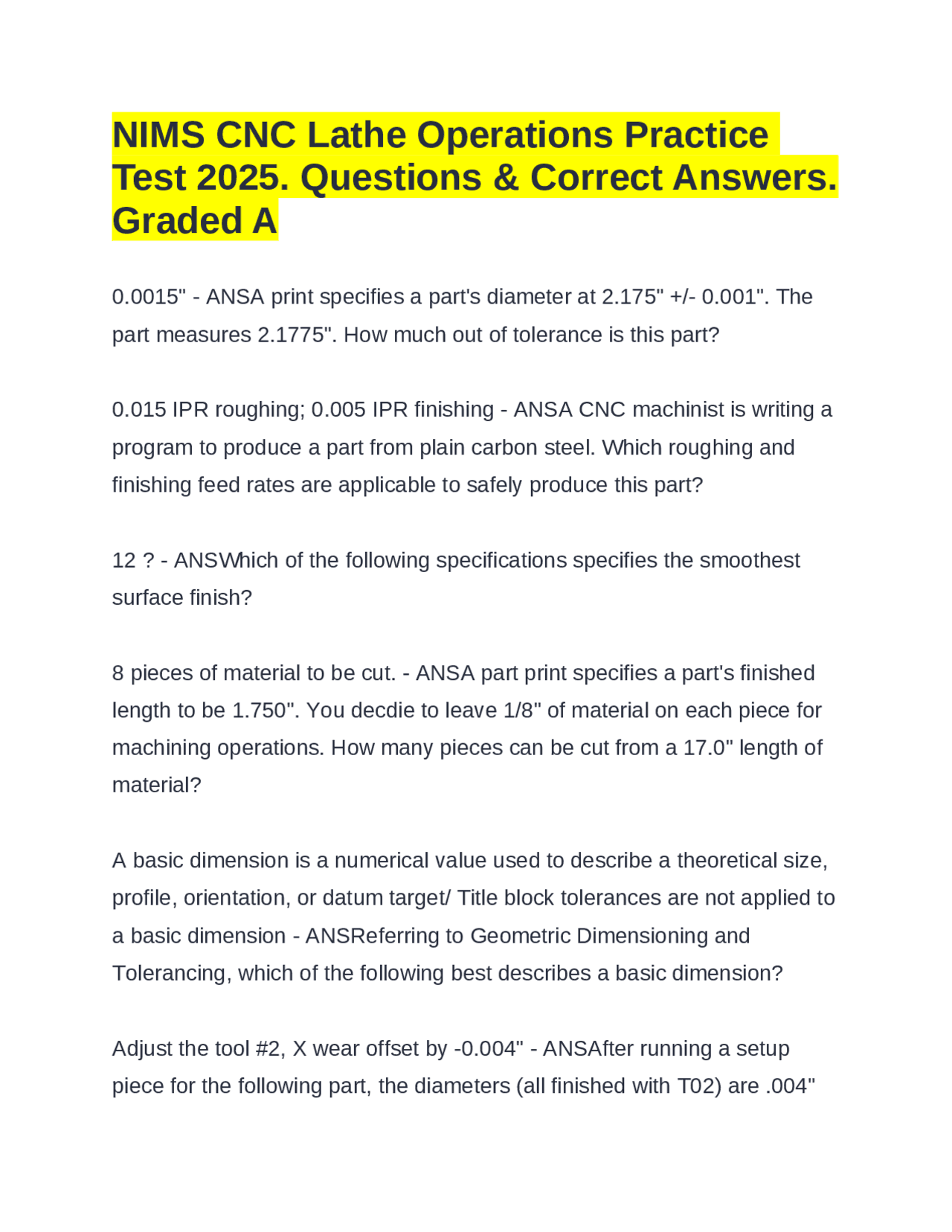 NIMS CNC Lathe Operations Practice Test: Questions & Answers | Exams ...