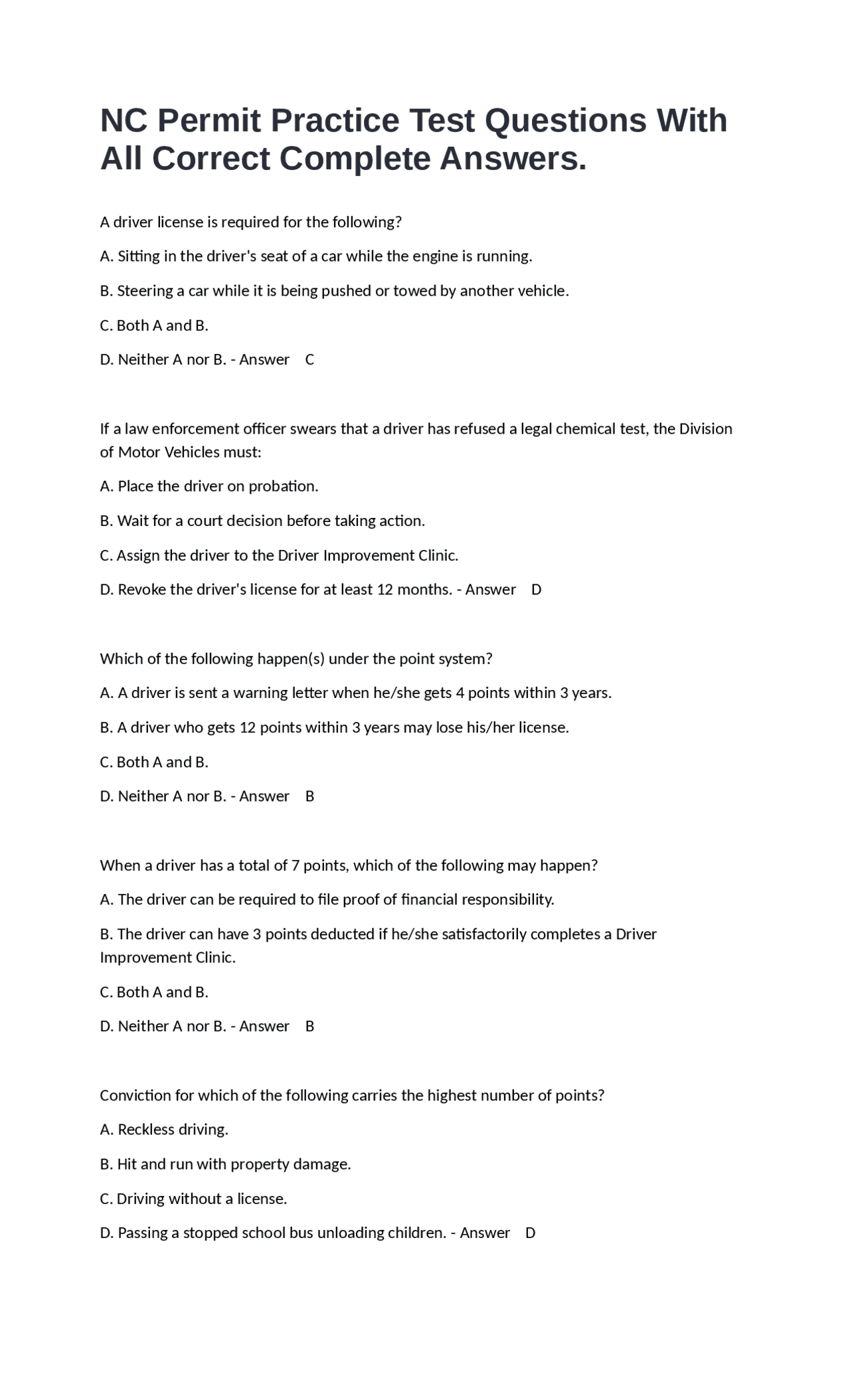 NC Permit Practice Test Questions With All Correct Complete Answers ...