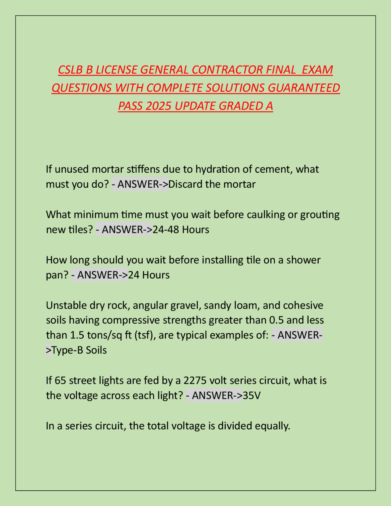 CSLB B LICENSE GENERAL CONTRACTOR FINAL EXAM QUESTIONS WITH COMPLETE ...