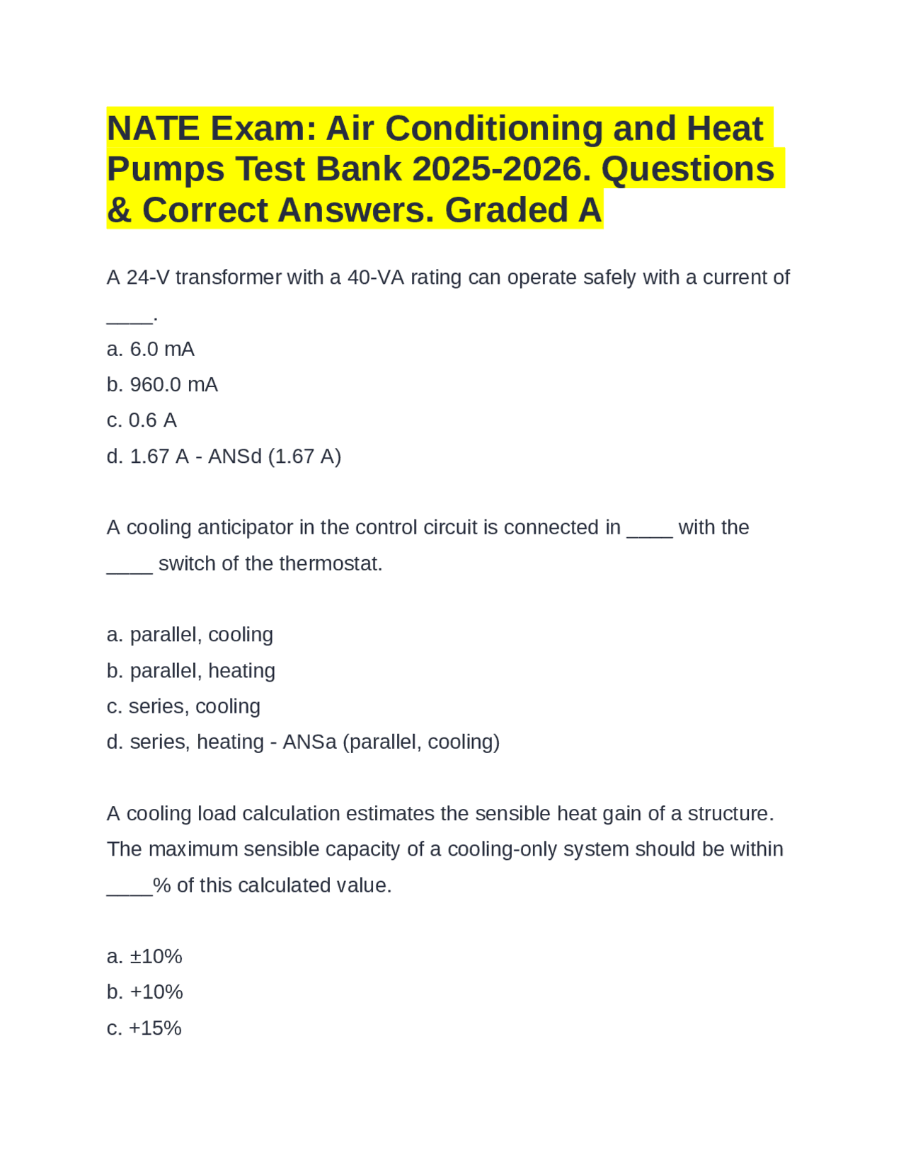 NATE Exam: Air Conditioning and Heat Pumps Test Bank 2025-2026 ...