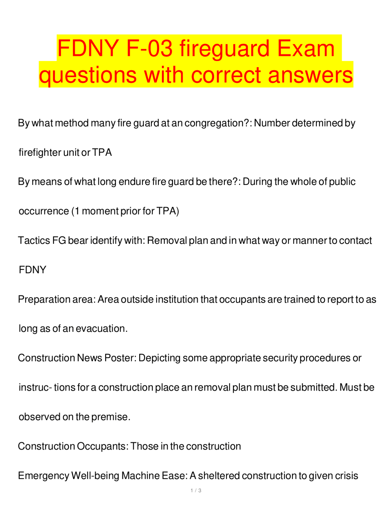FDNY F-03 fireguard Exam questions with correct answers | Exams Safety ...