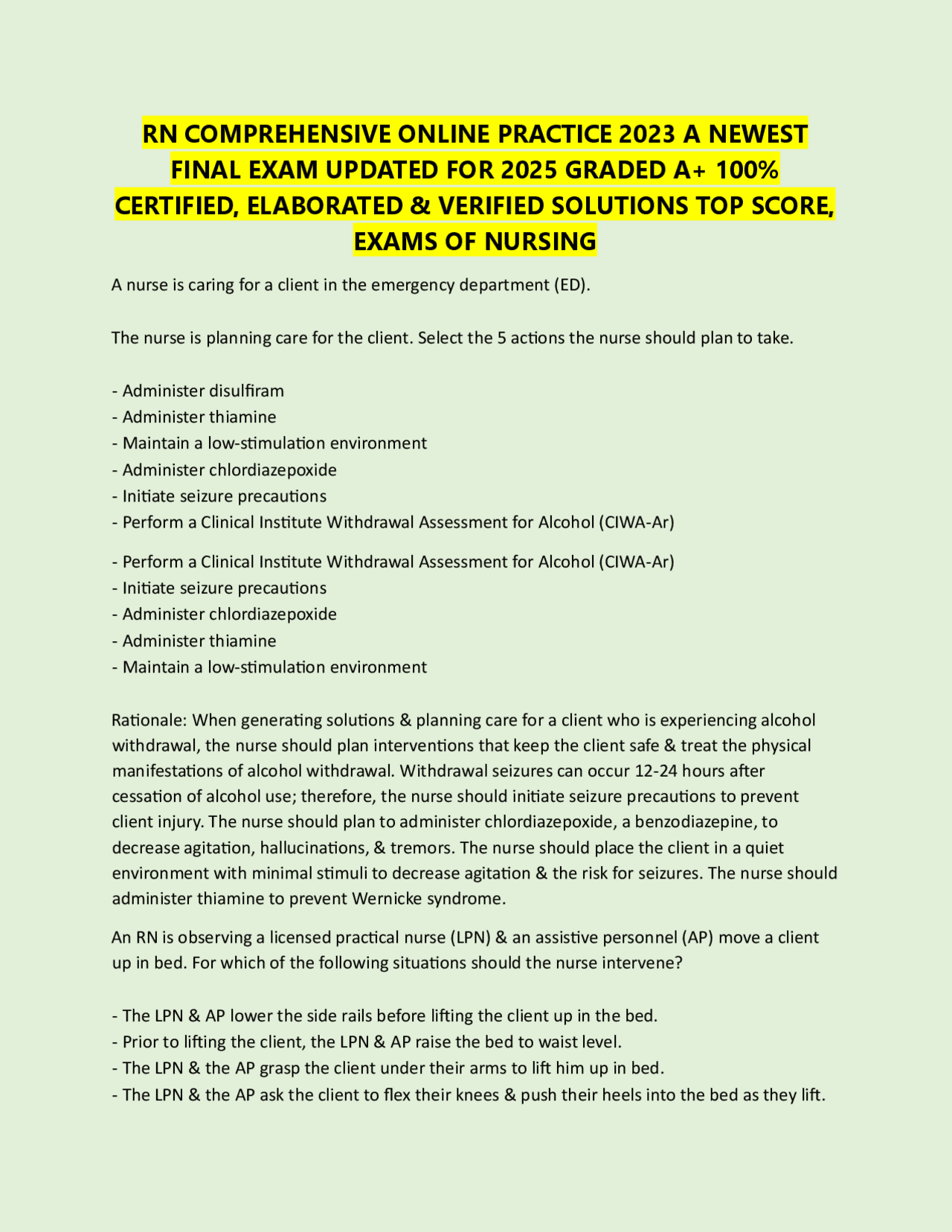RN COMPREHENSIVE ONLINE PRACTICE 2023 A NEWEST FINAL EXAM UPDATED FOR ...