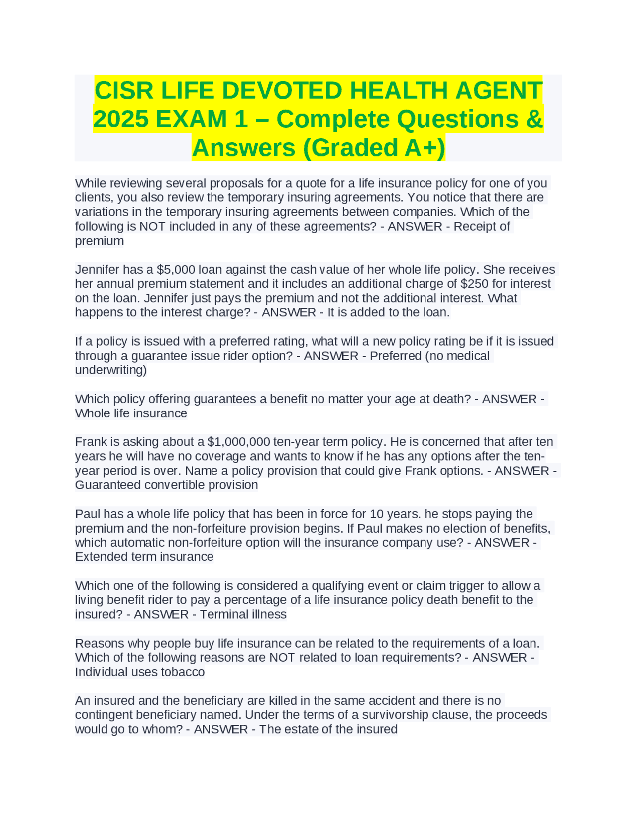 CISR LIFE DEVOTED HEALTH AGENT 2025 EXAM 1 – Complete Questions ...