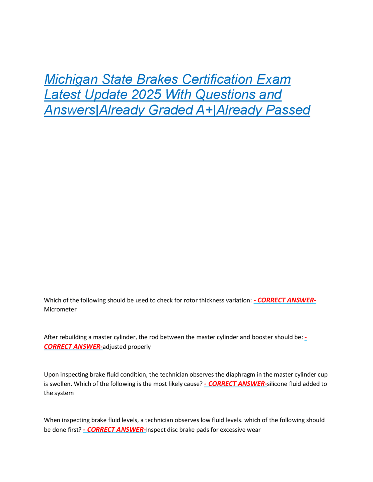 Michigan Brakes Certification Exam Q&A (2025 Update) | Exams Nursing ...