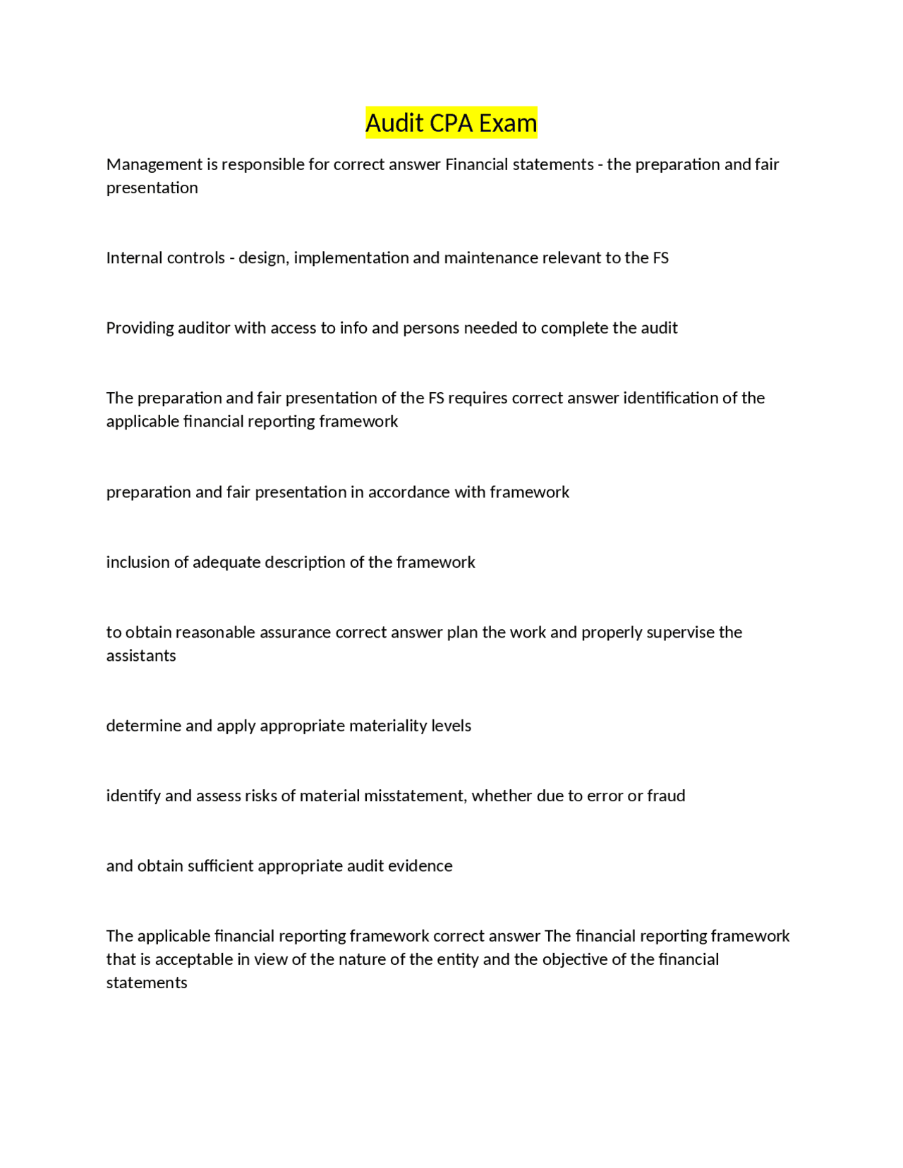 Audit CPA Exam Sample Questions | Exams Business Accounting | Docsity