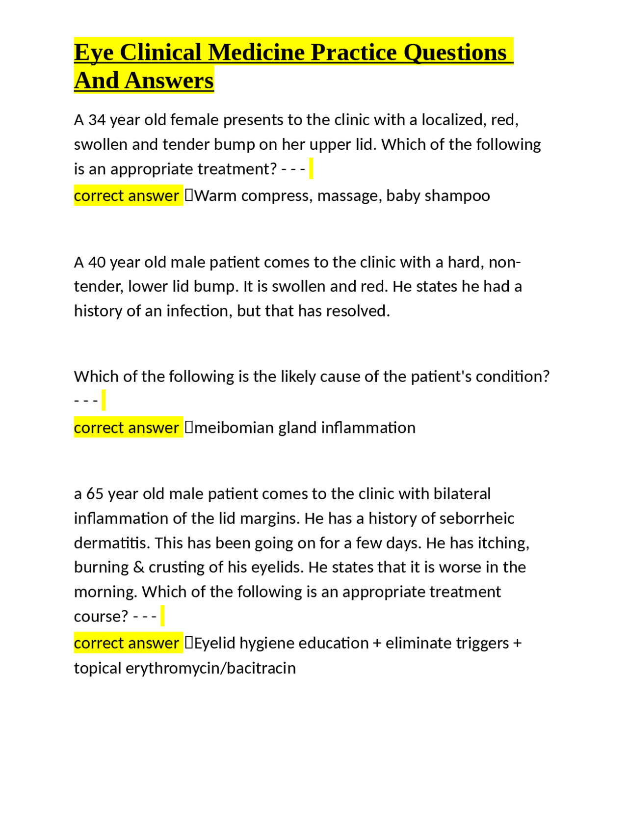 Ophthalmology Clinical Practice Questions and Answers | Exams Optics ...
