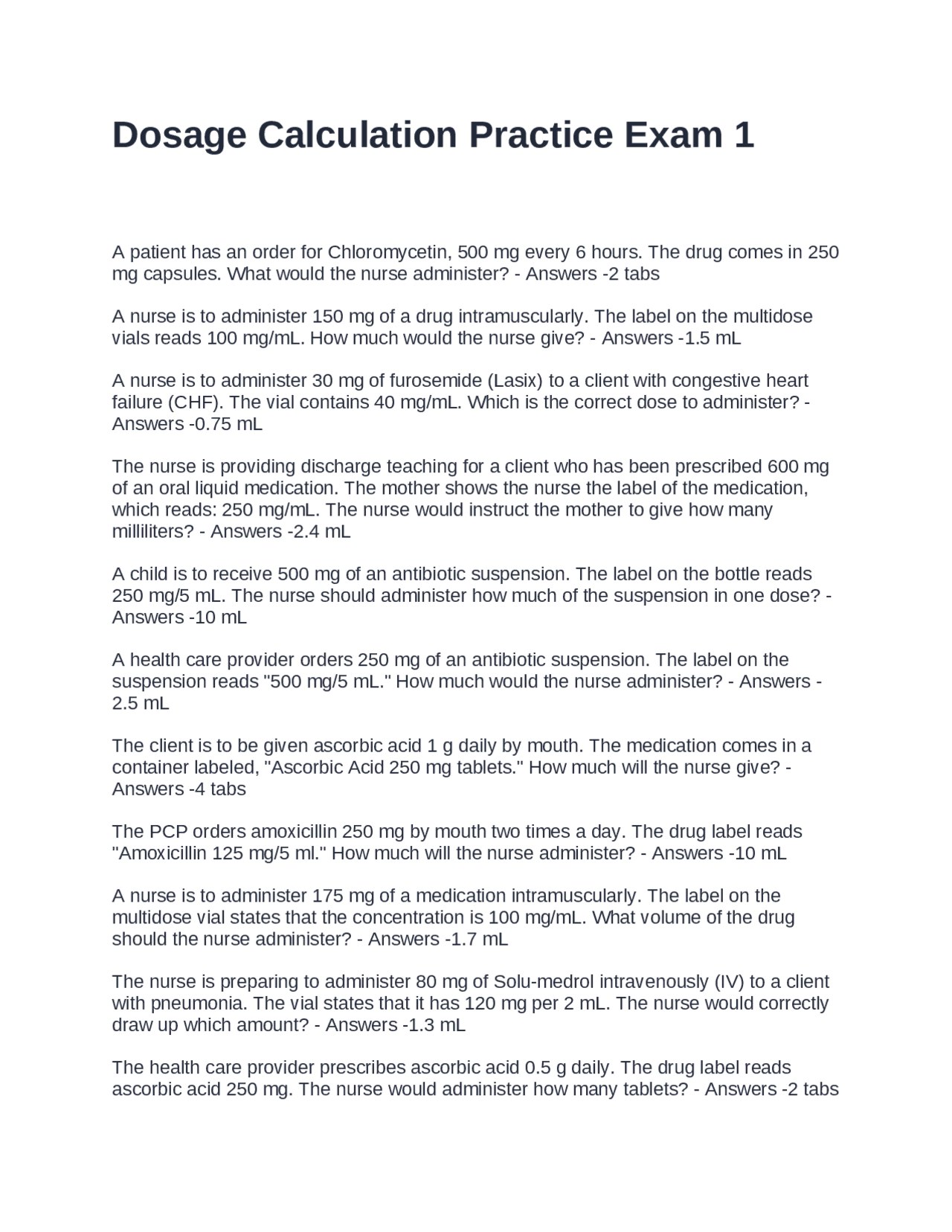 Dosage Calculation Practice Exam 1 Questions and Correct Verified ...