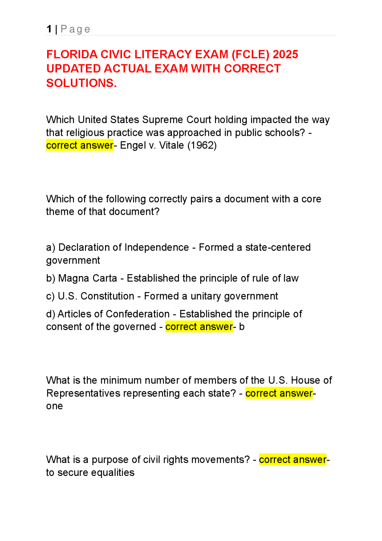 FLORIDA CIVIC LITERACY EXAM (FCLE) 2025 UPDATED ACTUAL EXAM WITH ...