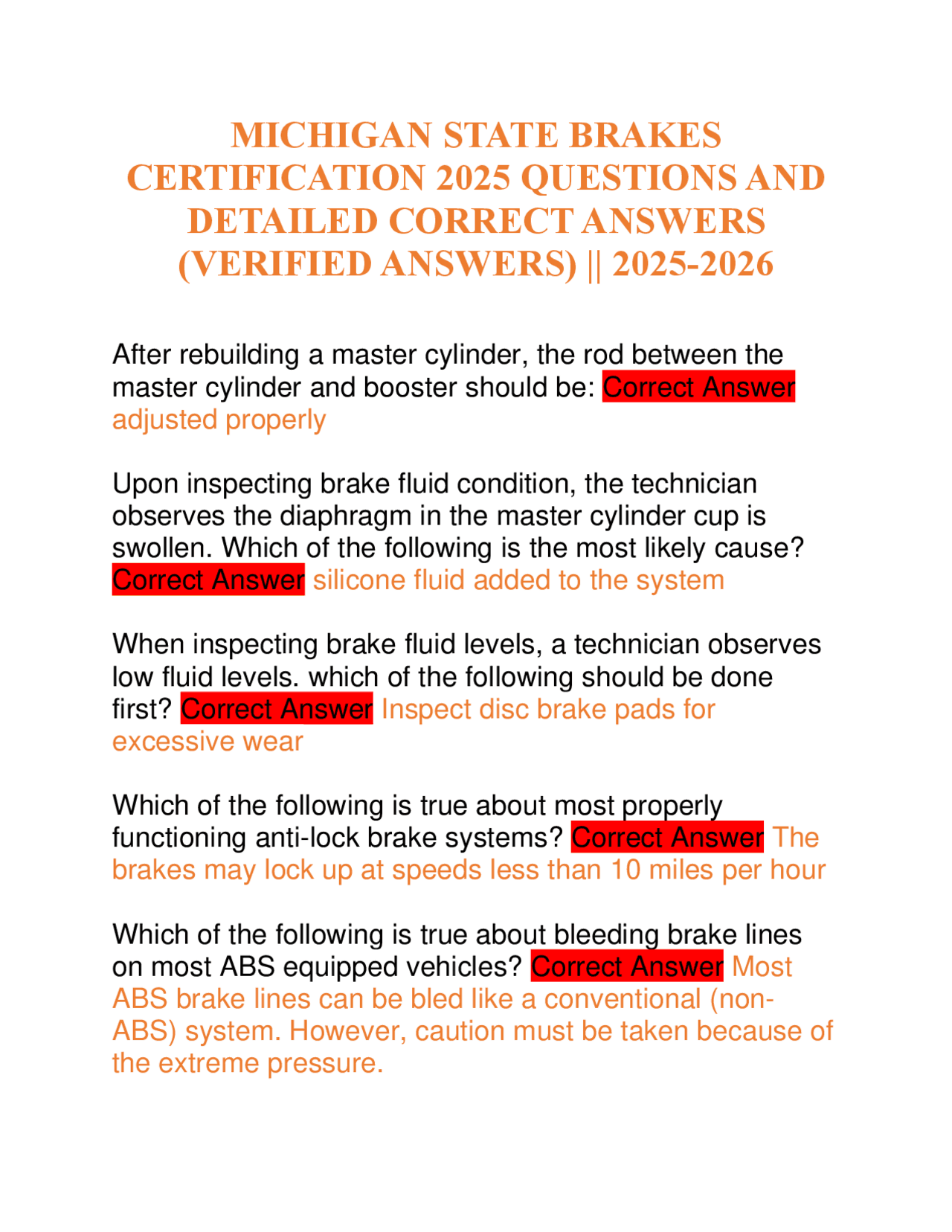 MICHIGAN STATE BRAKES CERTIFICATION 2025 QUESTIONS AND DETAILED CORRECT ...
