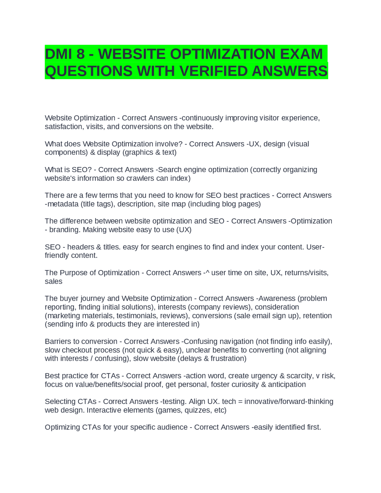 DMI 8 - WEBSITE OPTIMIZATION EXAM QUESTIONS WITH VERIFIED ANSWERS ...
