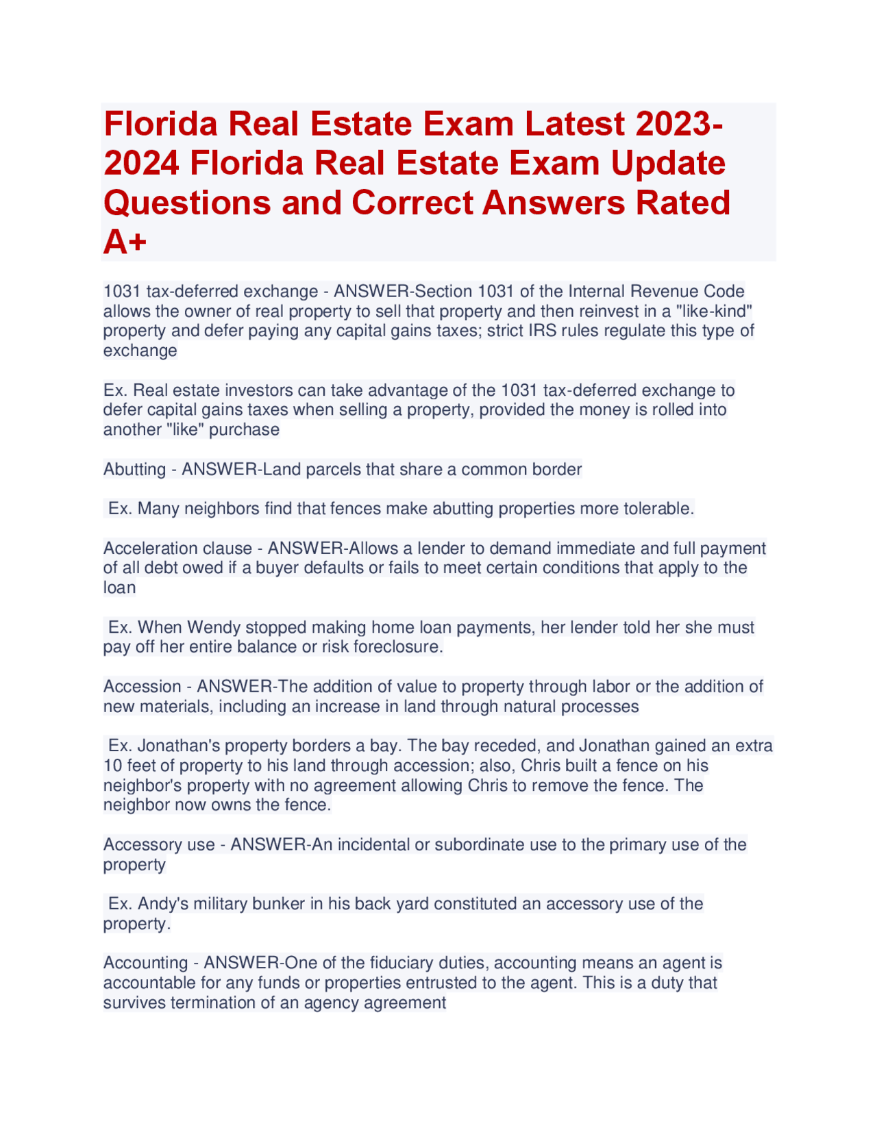 Florida Real Estate Exam Latest Exam Questions And Correct Anwers 2025 ...