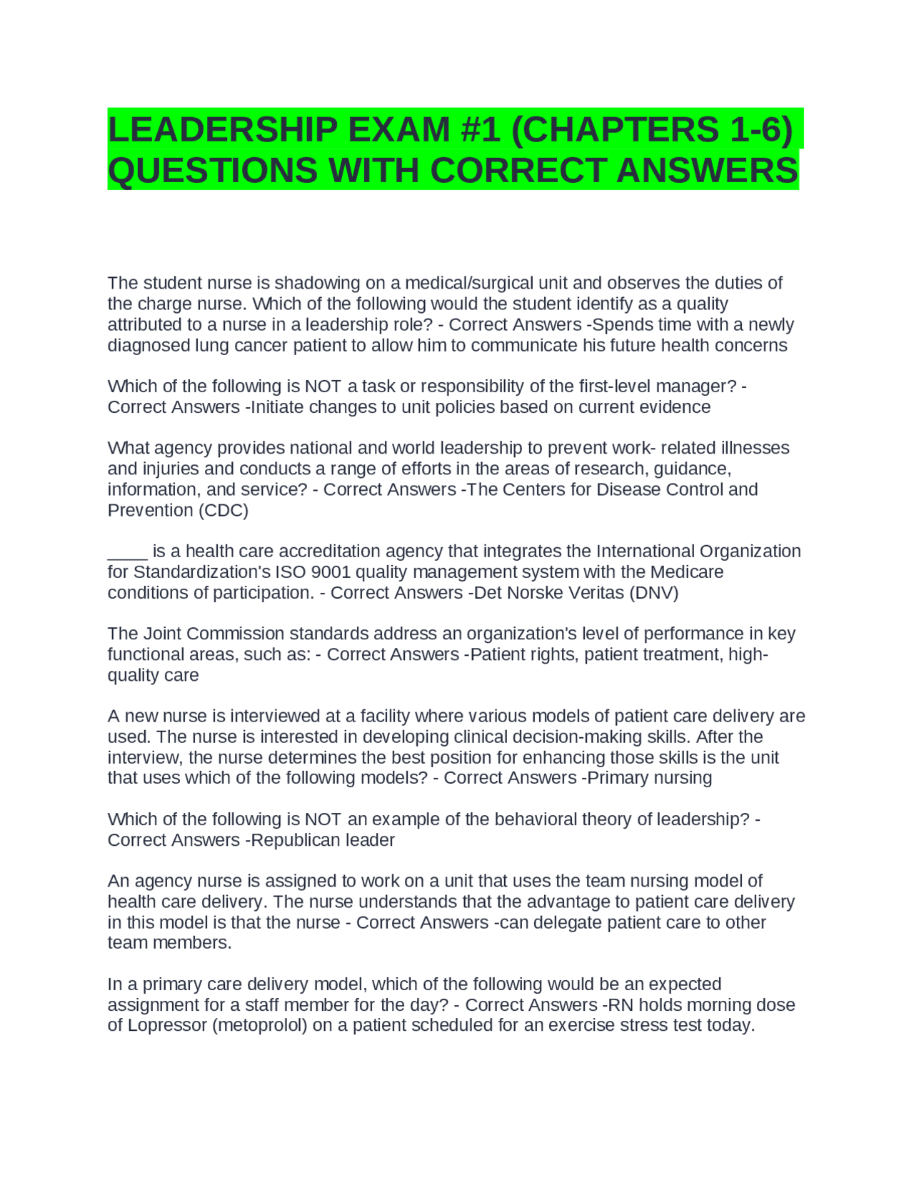 LEADERSHIP EXAM #1 (CHAPTERS 1-6) QUESTIONS WITH CORRECT ANSWERS ...