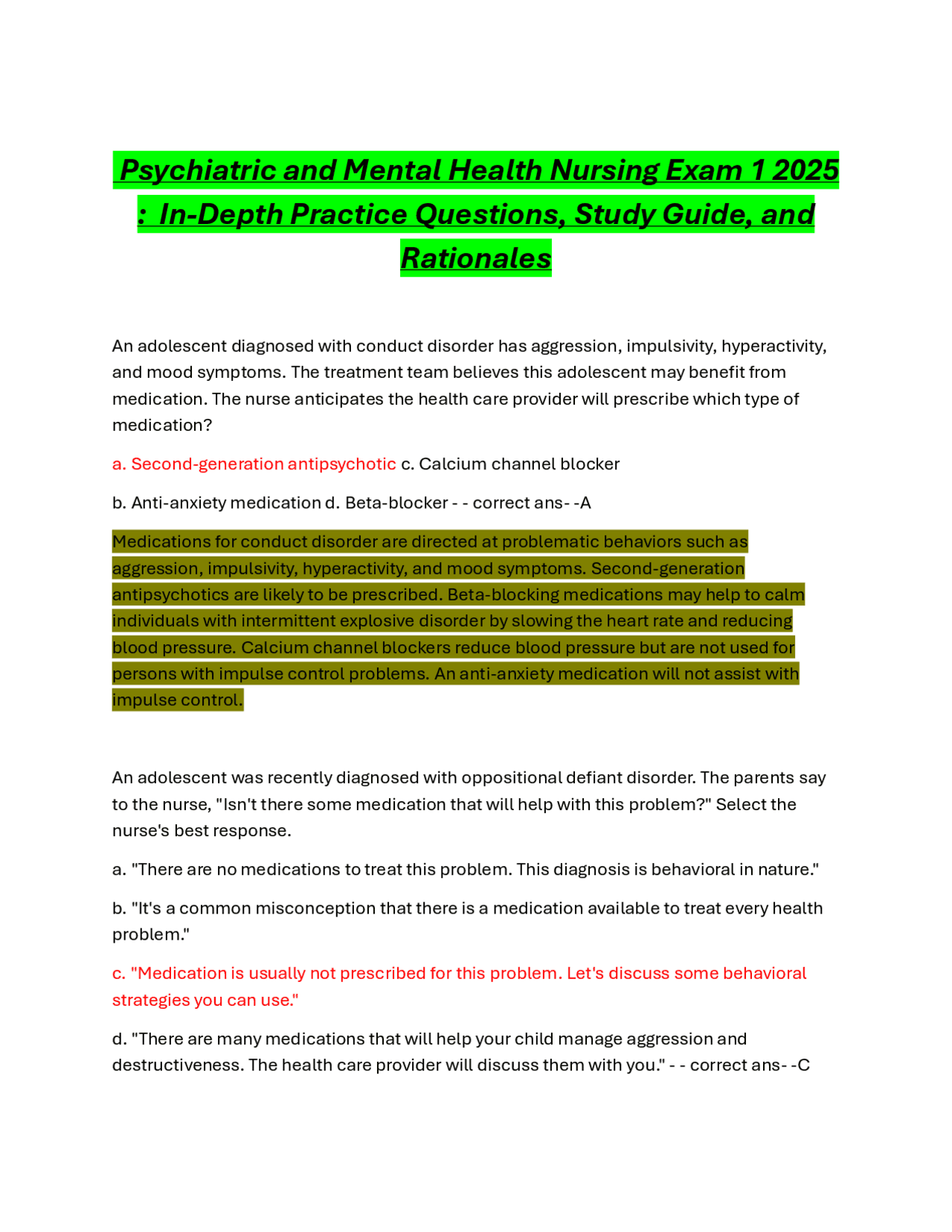Psychiatric and Mental Health Nursing Exam 1 2025 : In-Depth Practice ...