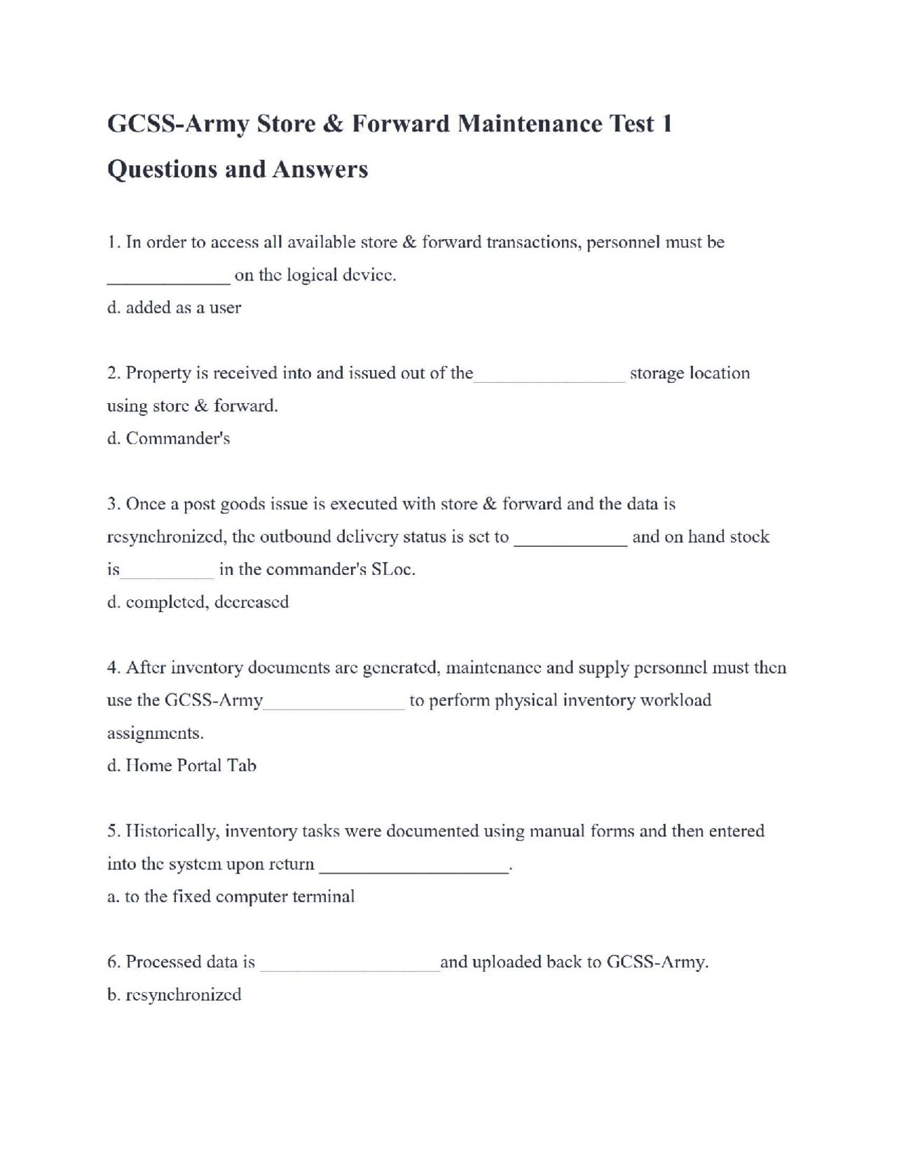 GCSS-Army Store & Forward Maintenance Test 1 Questions and Answers ...