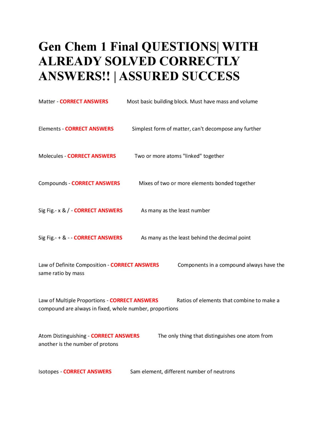 Gen Chem 1 Final QUESTIONS| WITH ALREADY SOLVED CORRECTLY ANSWERS ...