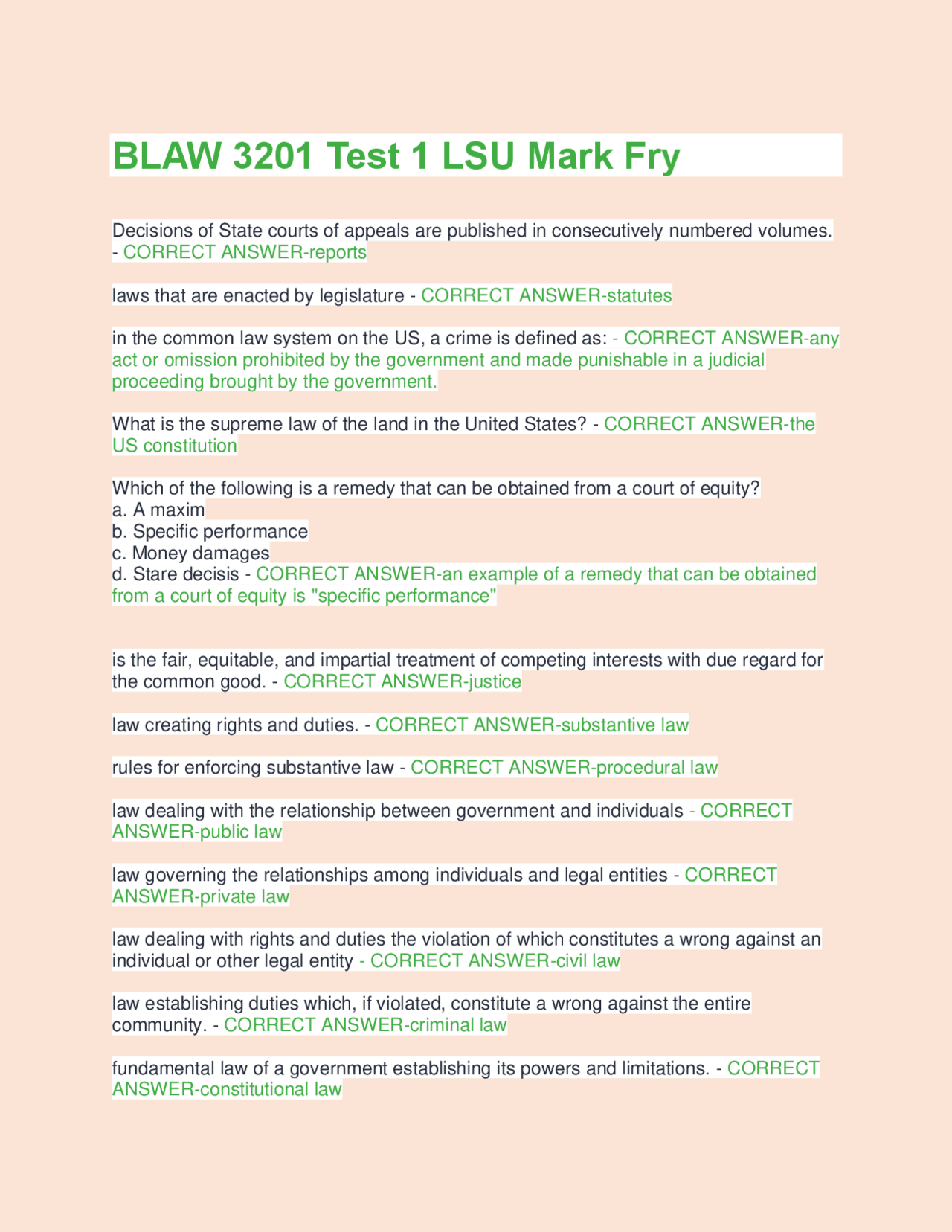 BLAW 3201 Test 1 LSU Mark Fry Questions and Answers | 2025 Update | 100 ...