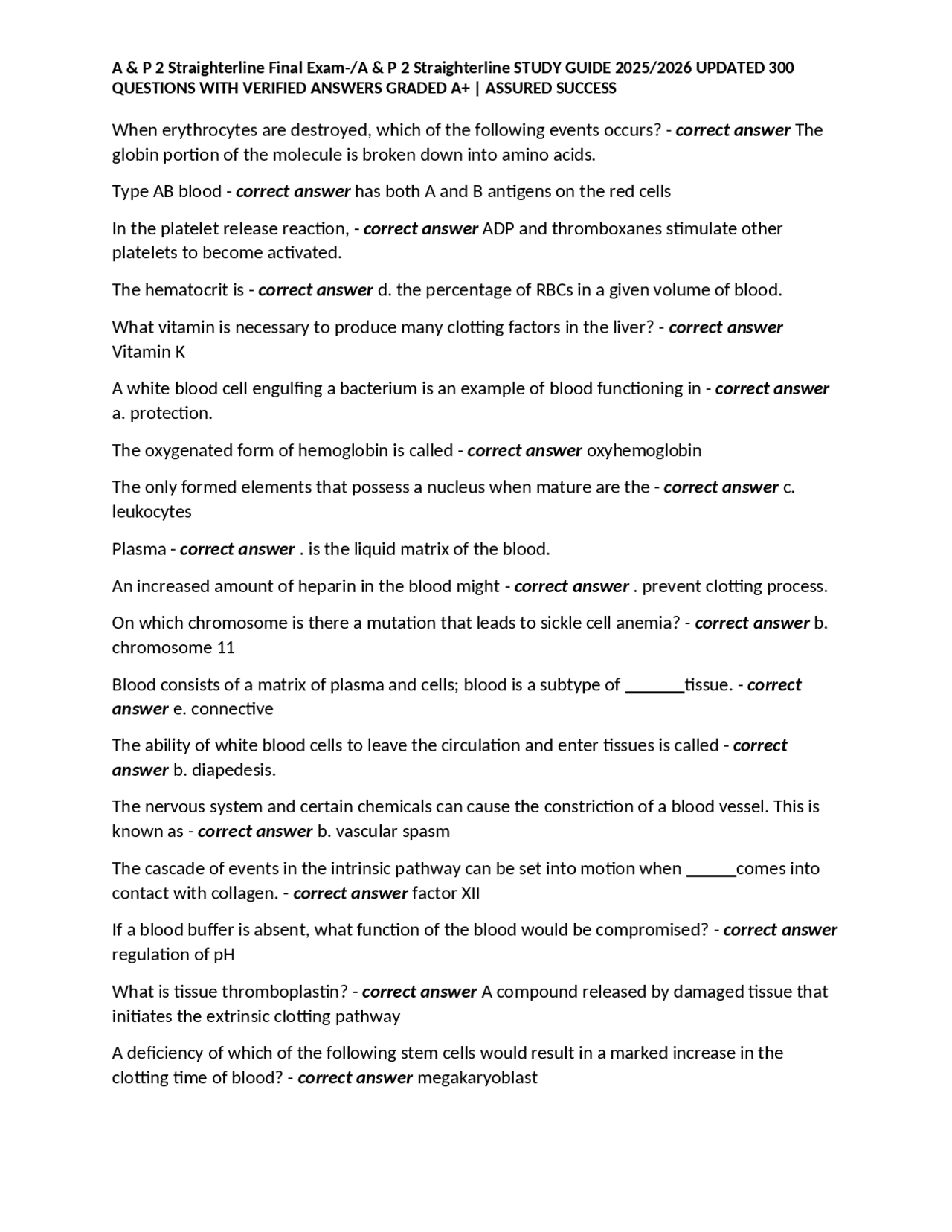 A & P 2 Straighterline Final Exam-/A & P 2 Straighterline STUDY GUIDE ...