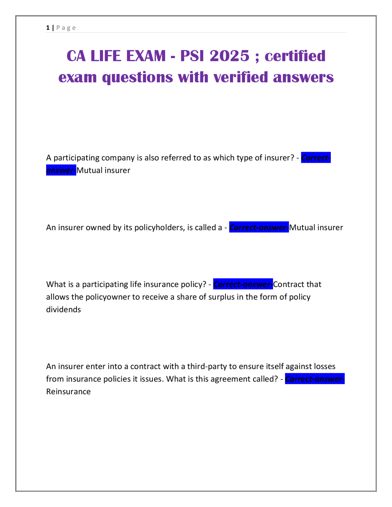 CA LIFE EXAM - PSI 2025 ; certified exam questions with verified ...